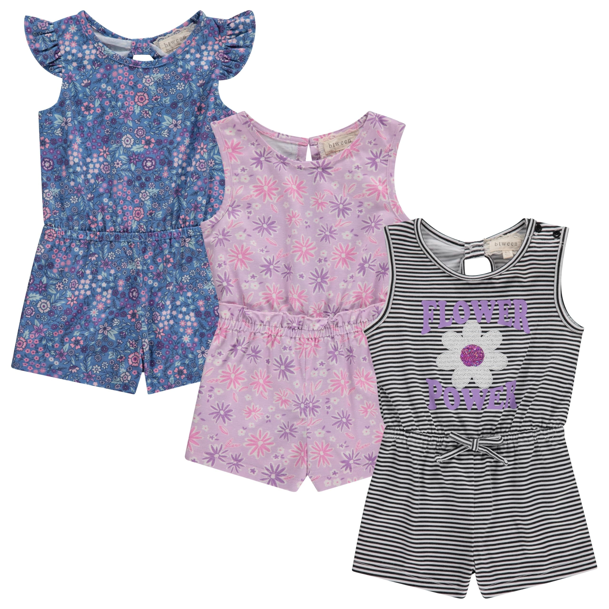 BTween Girls’ 3-Pack Romper Set – Cute & Comfy Sleeveless Summer ...