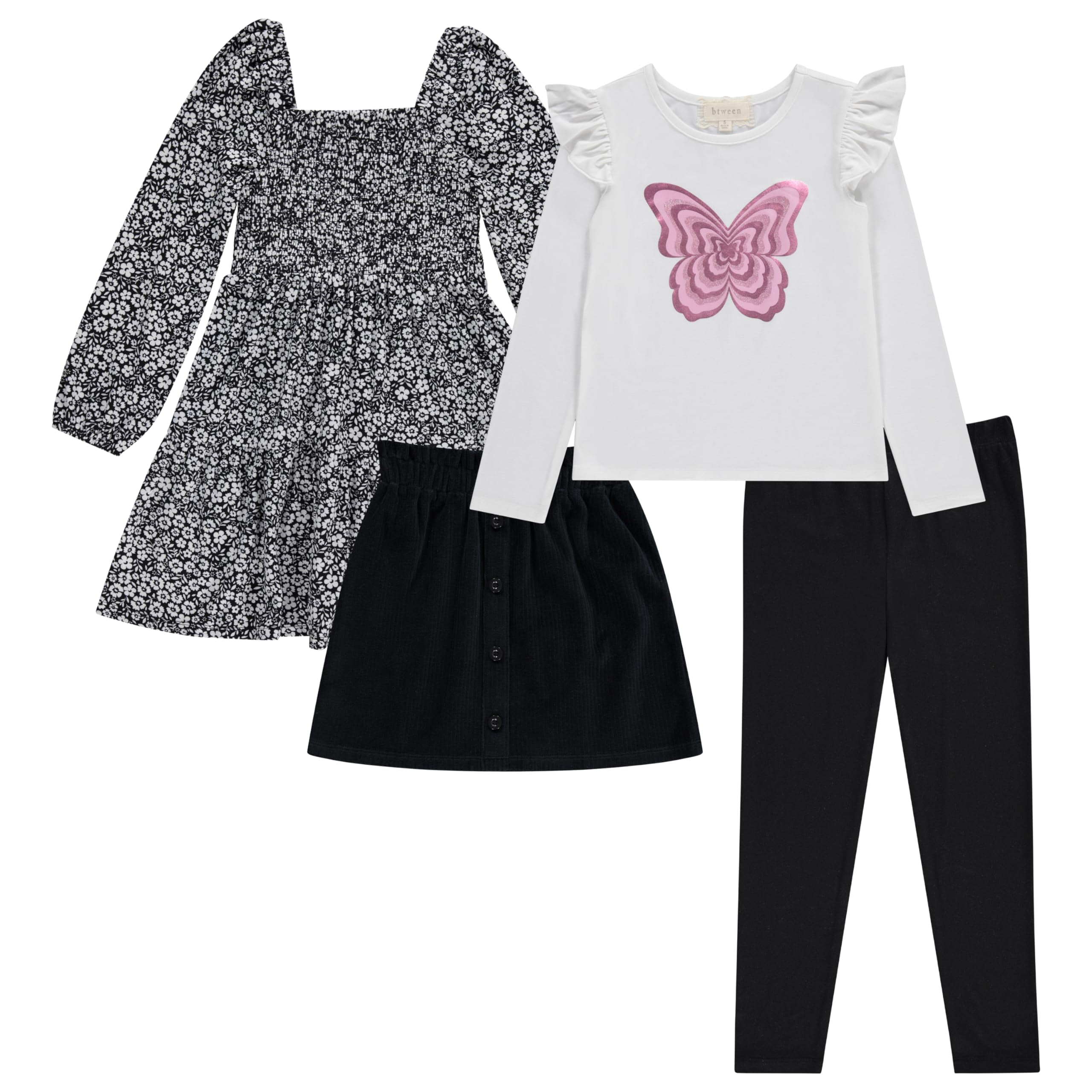 BTween Girls' 4-Pack Fall Outfit: Dress, Skirt, Tee, Leggings, Cotton ...