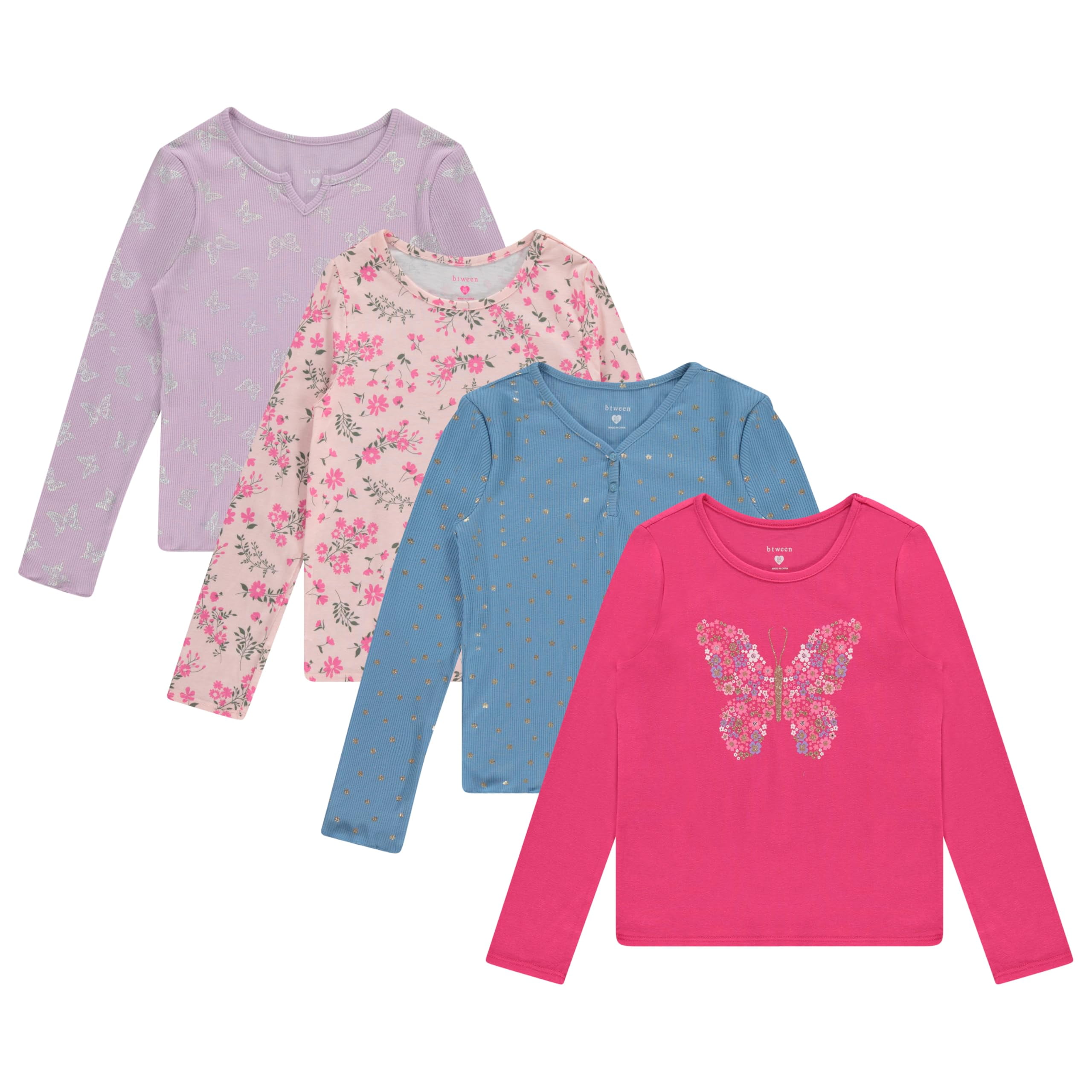 BTween Girls 4-Pack Long Sleeve Fashion Ribbed Tops - 100% Cotton, Fun ...
