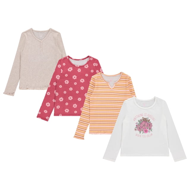 BTween Girls Multi 4-Pack Long Sleeve Fashion Ribbed Tops, 100% Cotton ...
