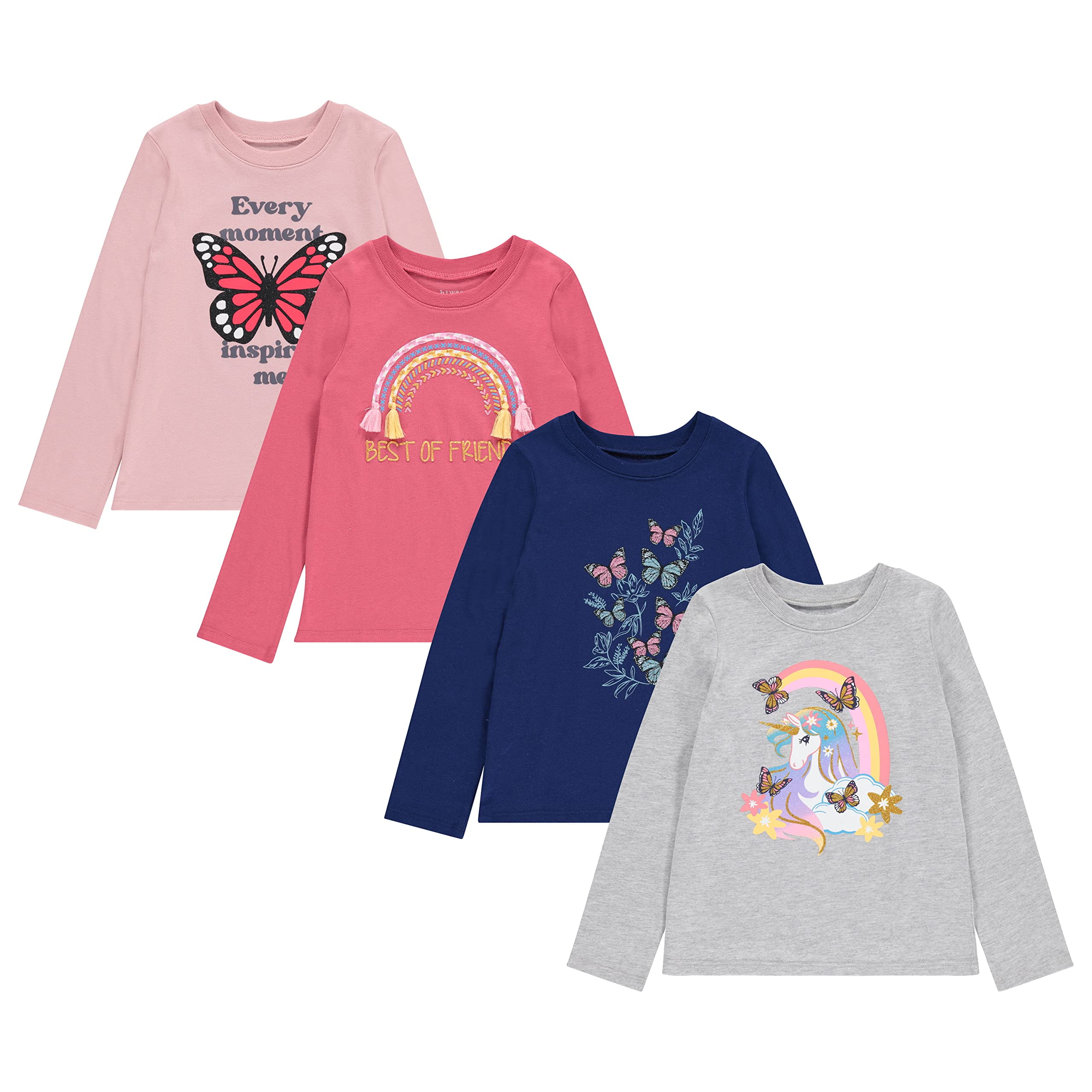 BTween Girls 4-Pack Long Sleeve Graphic T-Shirts - 100% Cotton, Fun ...