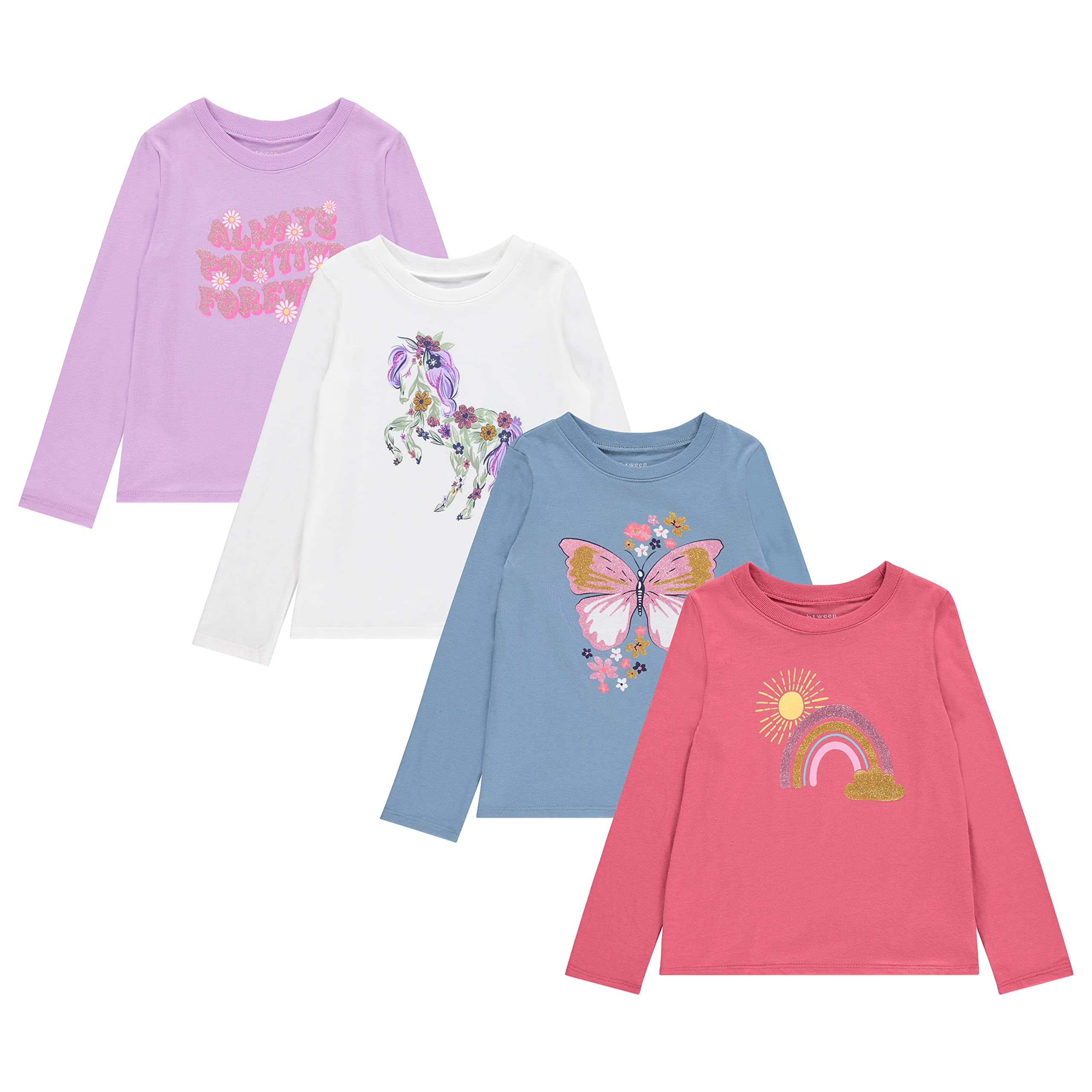 BTween Girls 4-Pack Long Sleeve Graphic T-Shirts - 100% Cotton, Fun ...