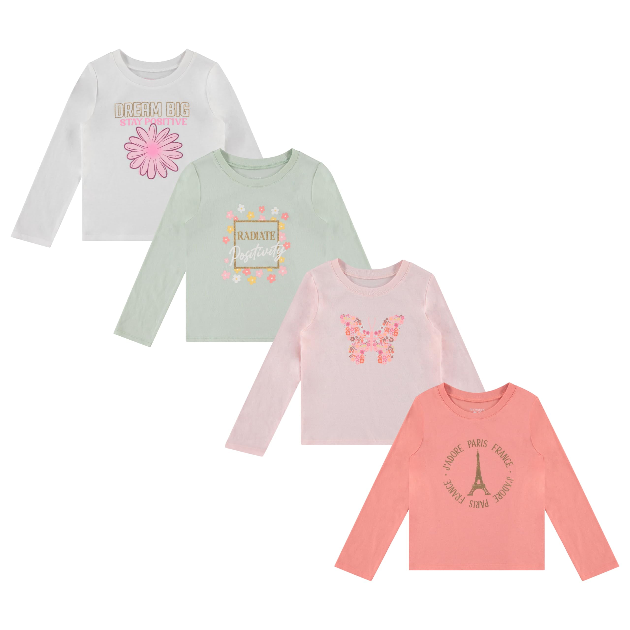 BTween Girls 4-Pack Long Sleeve Graphic T-Shirts - 100% Cotton, Fun ...