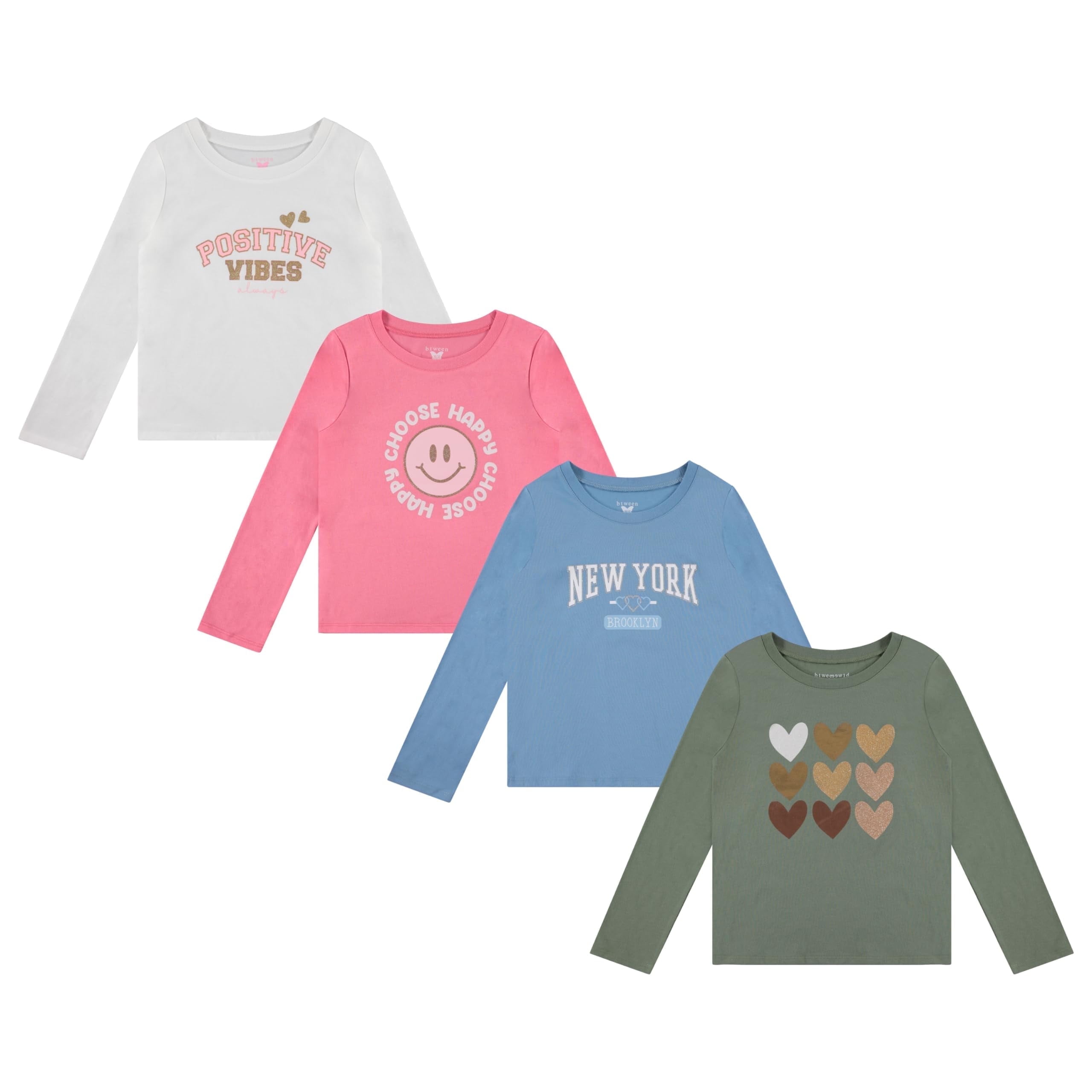 BTween Girls 4-Pack Long Sleeve Graphic T-Shirts - 100% Cotton, Fun ...