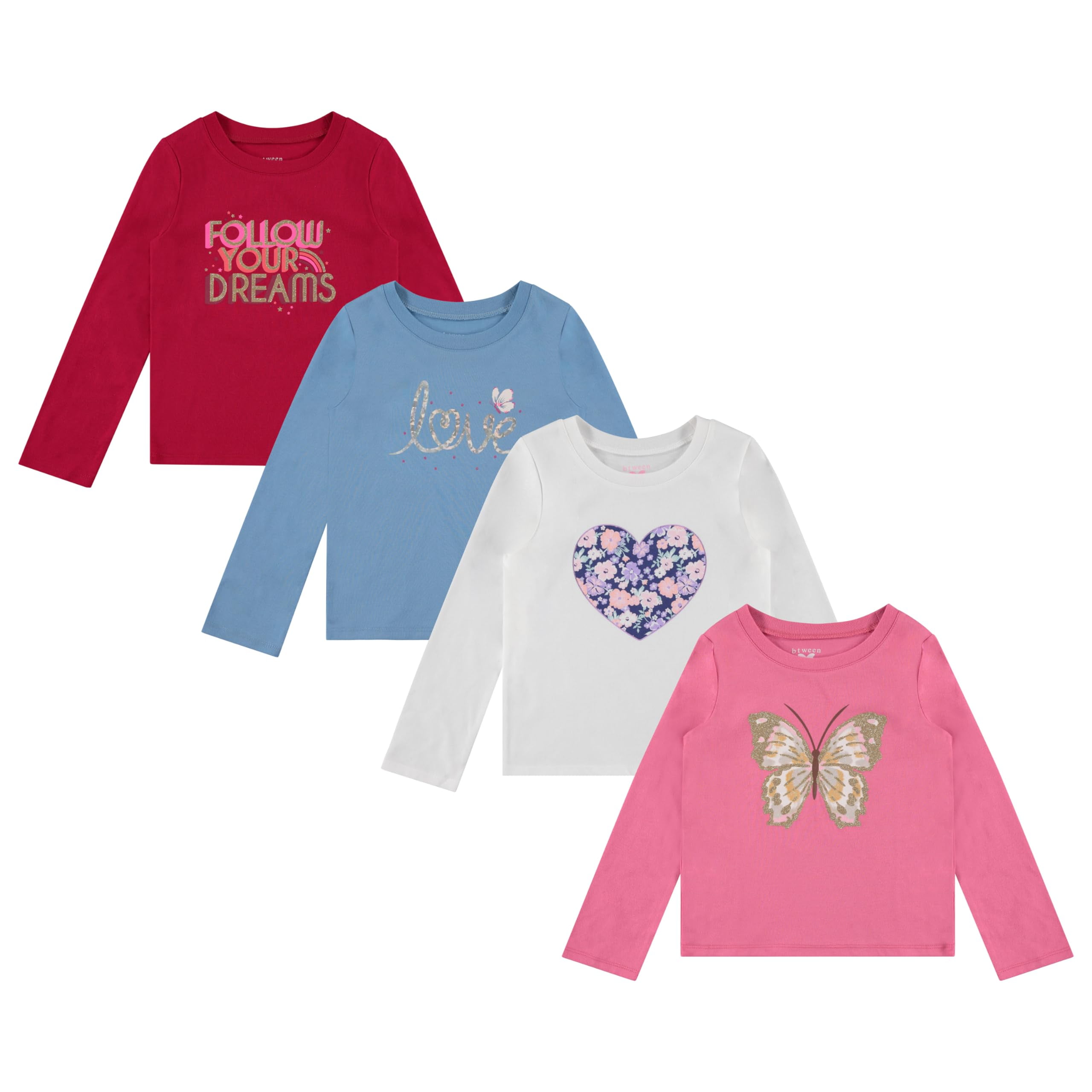 BTween Girls 4-Pack Long Sleeve Graphic T-Shirts - 100% Cotton, Fun ...