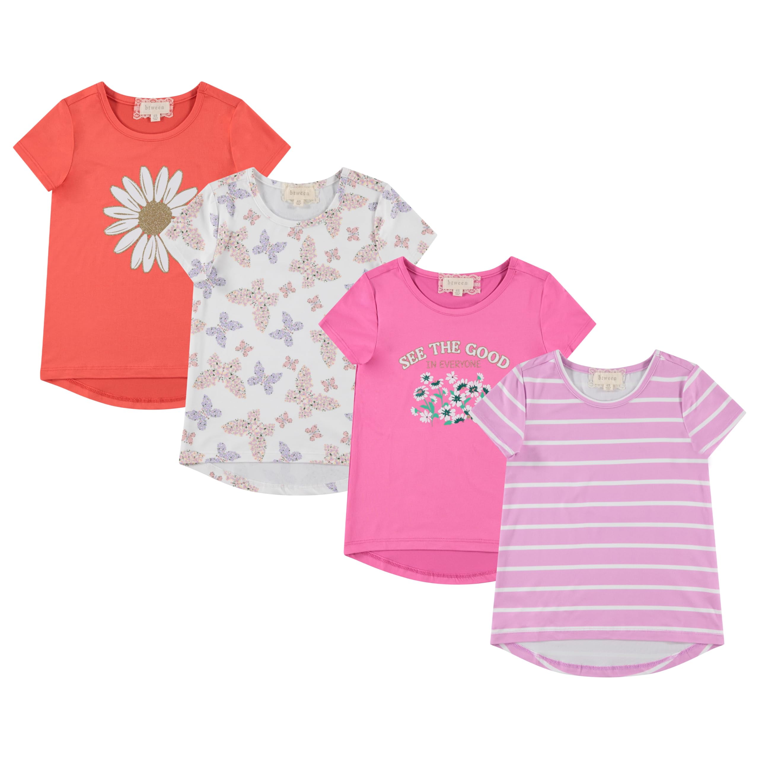 BTween Girls 4-Piece Summer Tops | Fashionable Short Sleeve T-Shirt ...