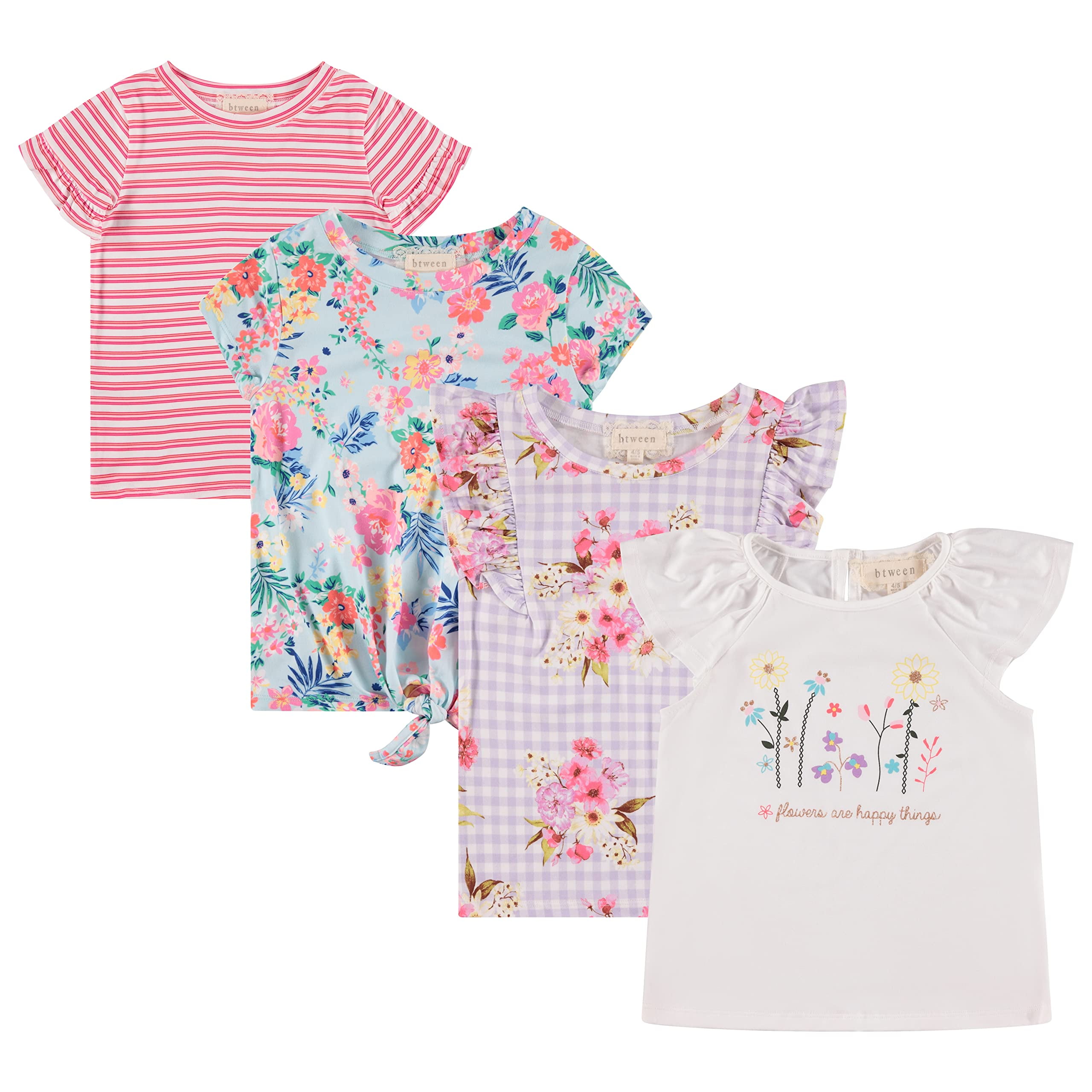BTween Girls 4-Piece Summer Tops | Fashionable Short Sleeve T-Shirt ...