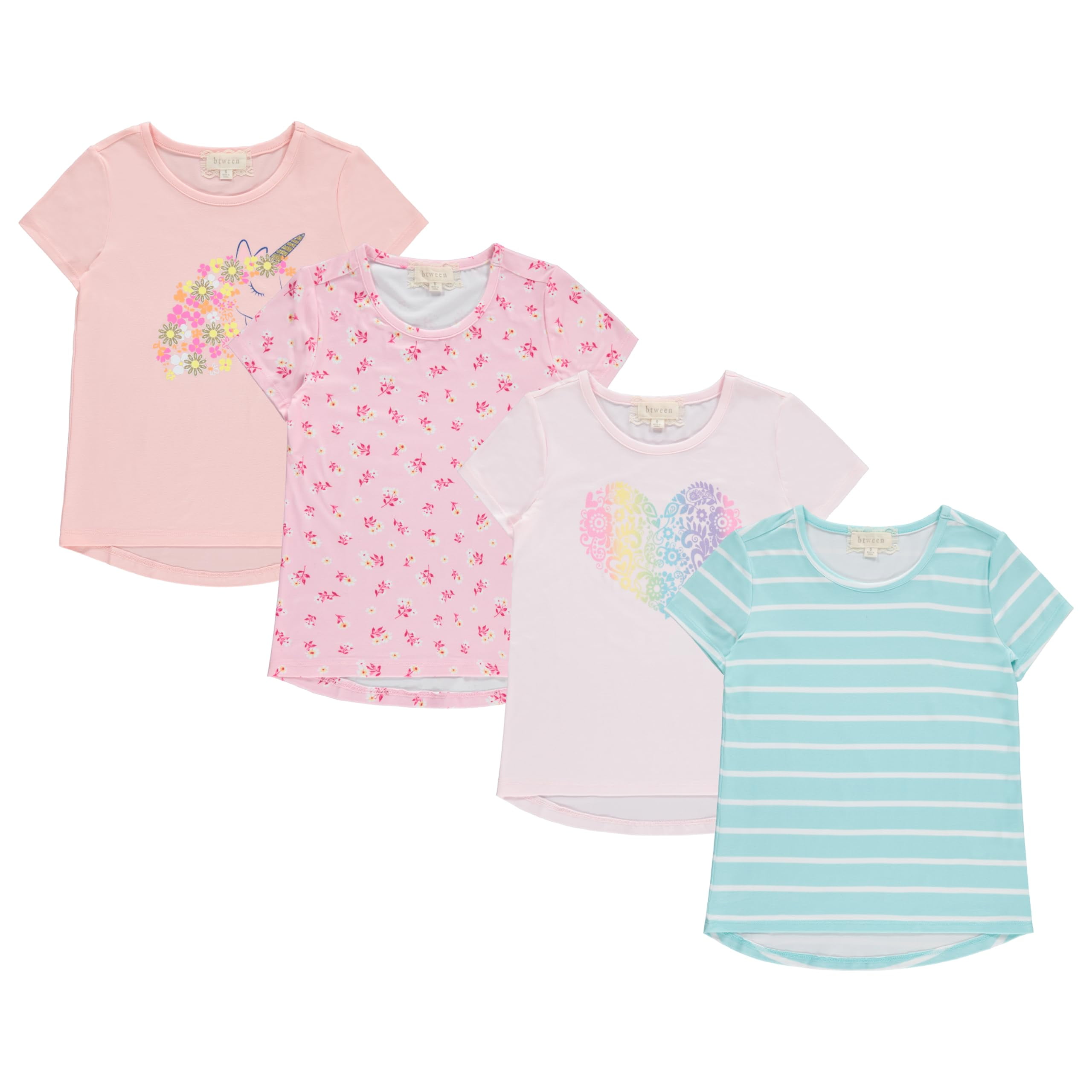 BTween Girls 4-Piece Summer Tops | Fashionable Short Sleeve T-Shirt ...