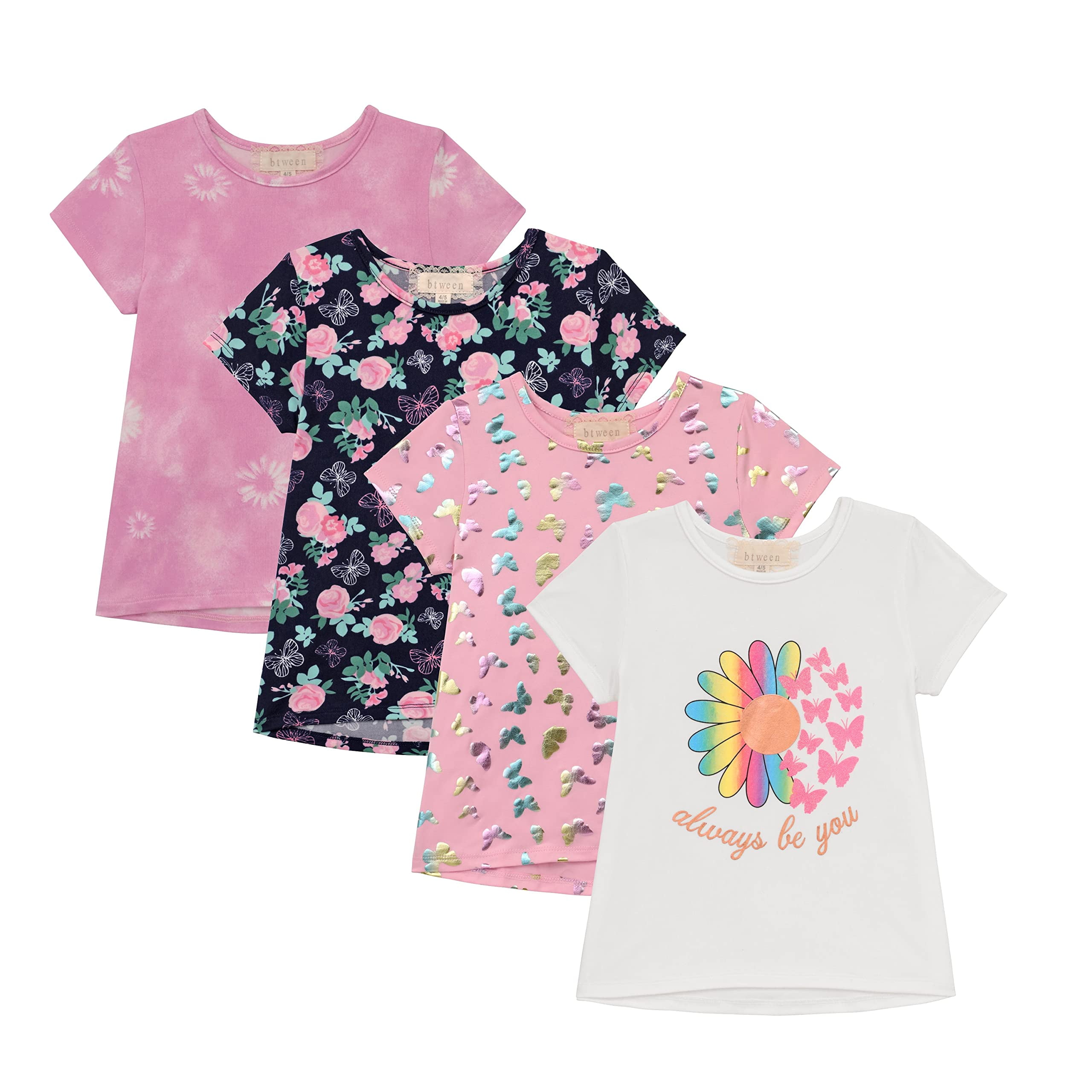 BTween Girls 4-Piece Summer Tops | Fashionable Short Sleeve T-shirt ...
