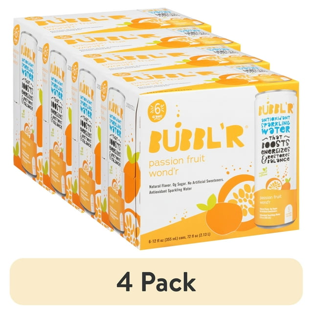 (4 pack) BUBBL'R Antioxidant Sparkling Water, Passion Fruit Wond'r, 12 fl oz, 6 Pack Cans ...