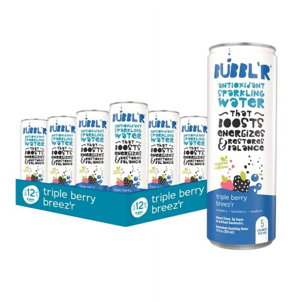 BUBBL'R Antioxidant Sparkling Water, Triple Berry Breez'r, 0g Sugar, Natural Caffeine, 12 Fl Oz ...