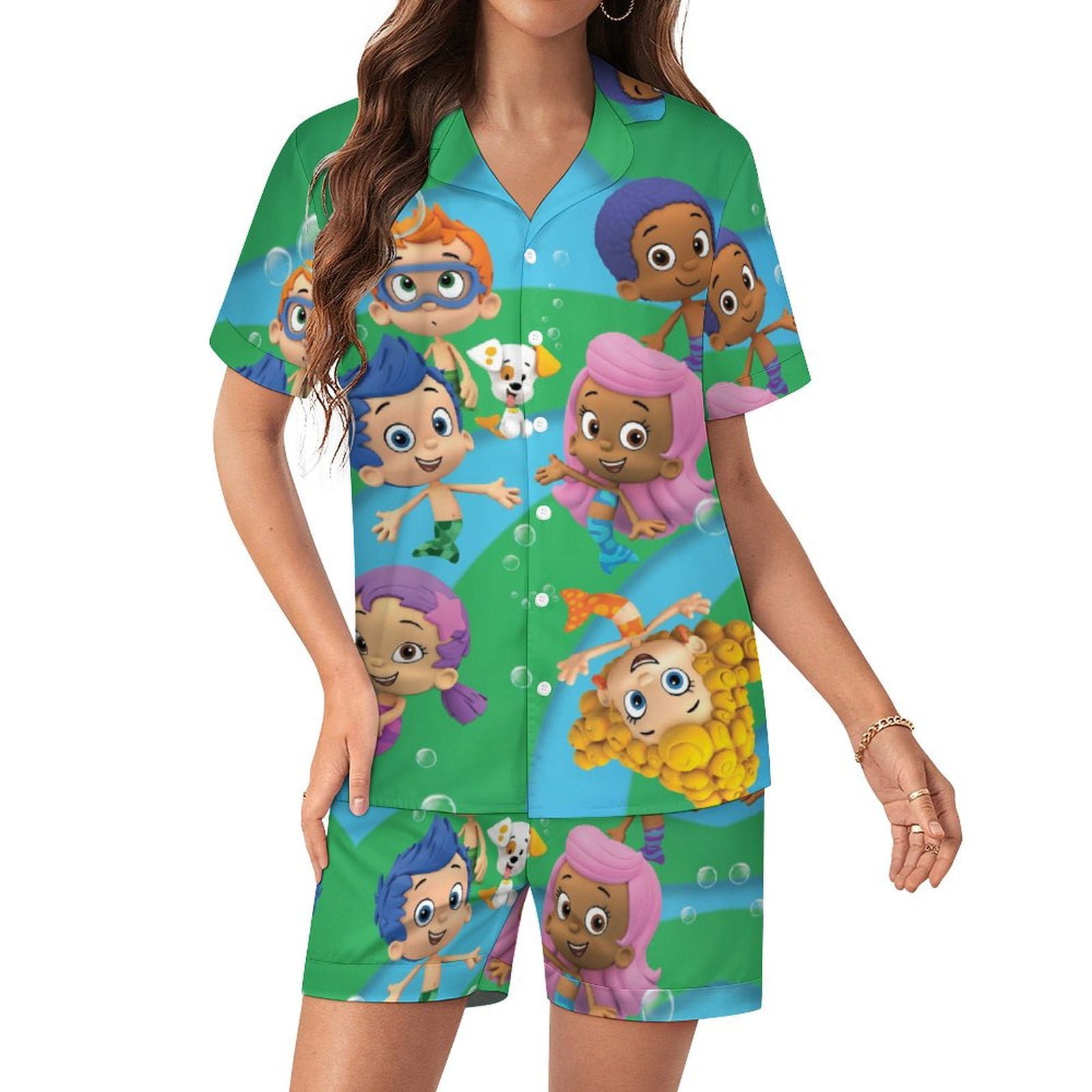 BUBBLE GUPPIES Women Pajamas Set Short Sleeve Sleepwear Button Down ...