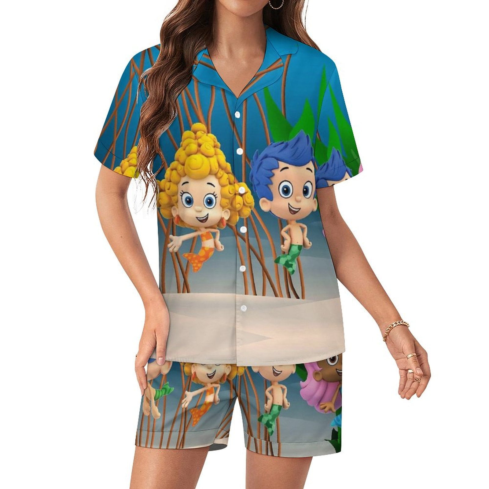 BUBBLE GUPPIES Women Pajamas Set Short Sleeve Sleepwear Button Down ...