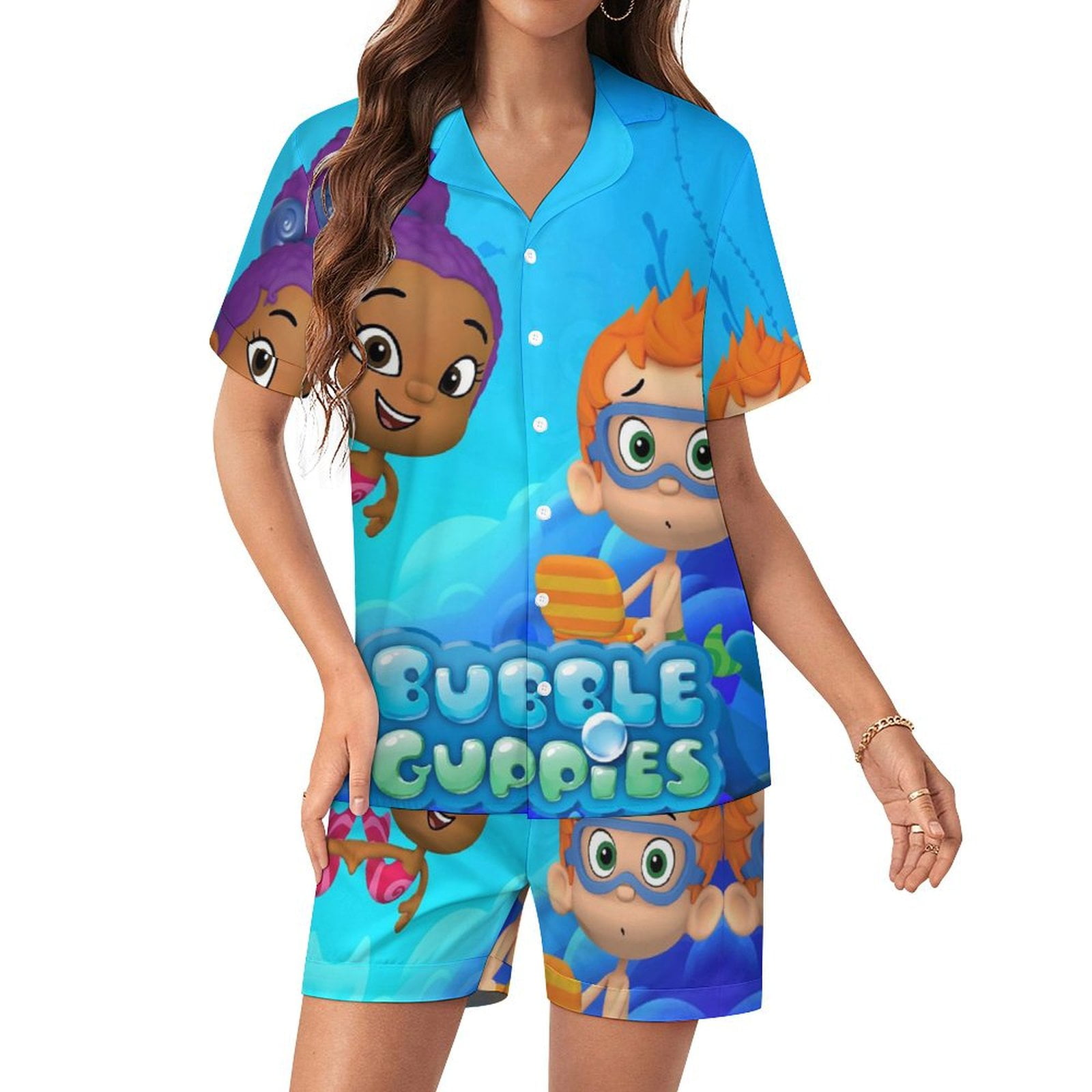 BUBBLE GUPPIES Women Pajamas Set Short Sleeve Sleepwear Button Down ...