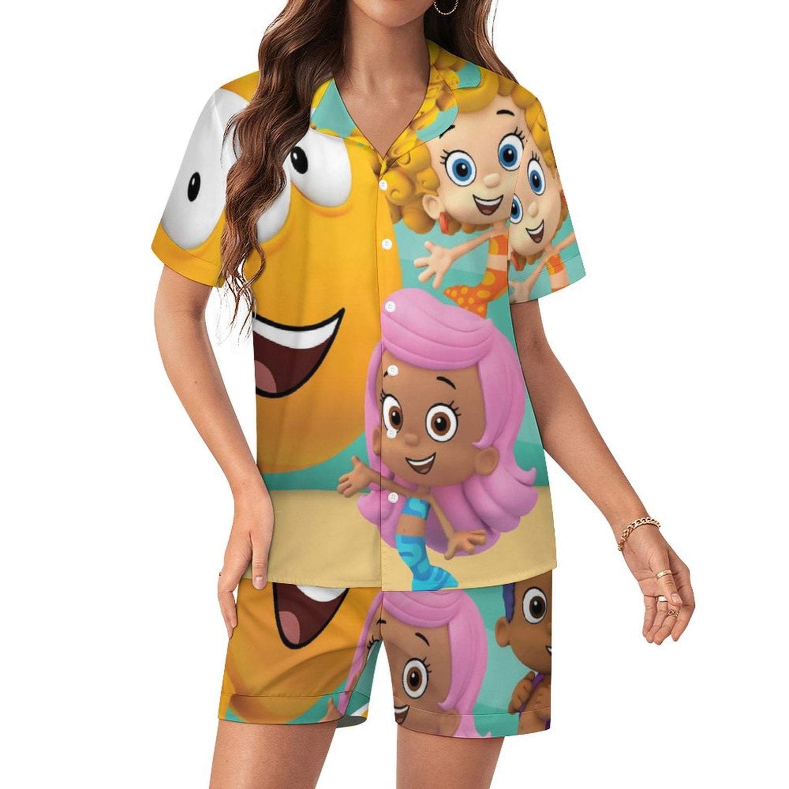 BUBBLE GUPPIES Women Pajamas Set Short Sleeve Sleepwear Button Down ...