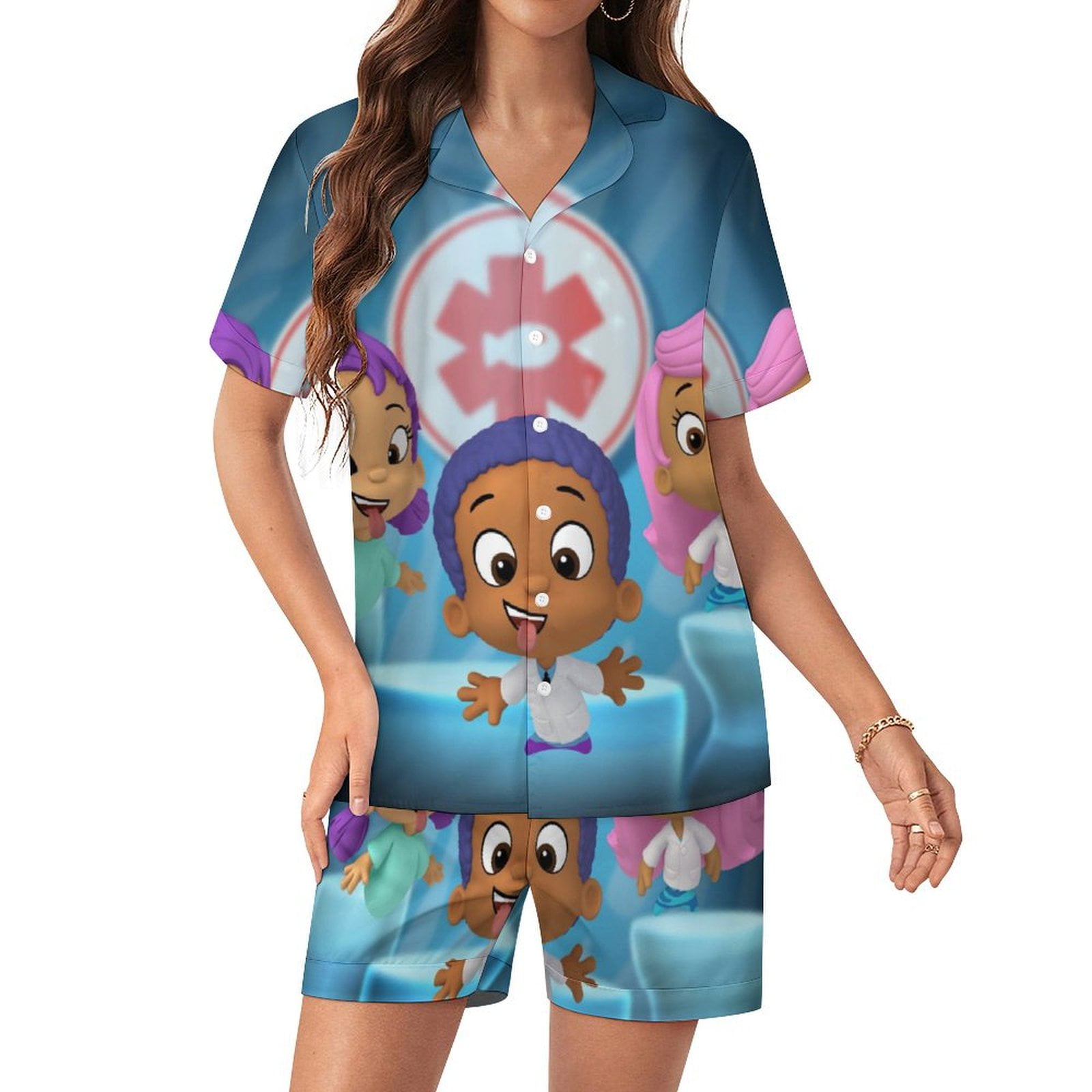 BUBBLE GUPPIES Women Pajamas Set Short Sleeve Sleepwear Button Down ...