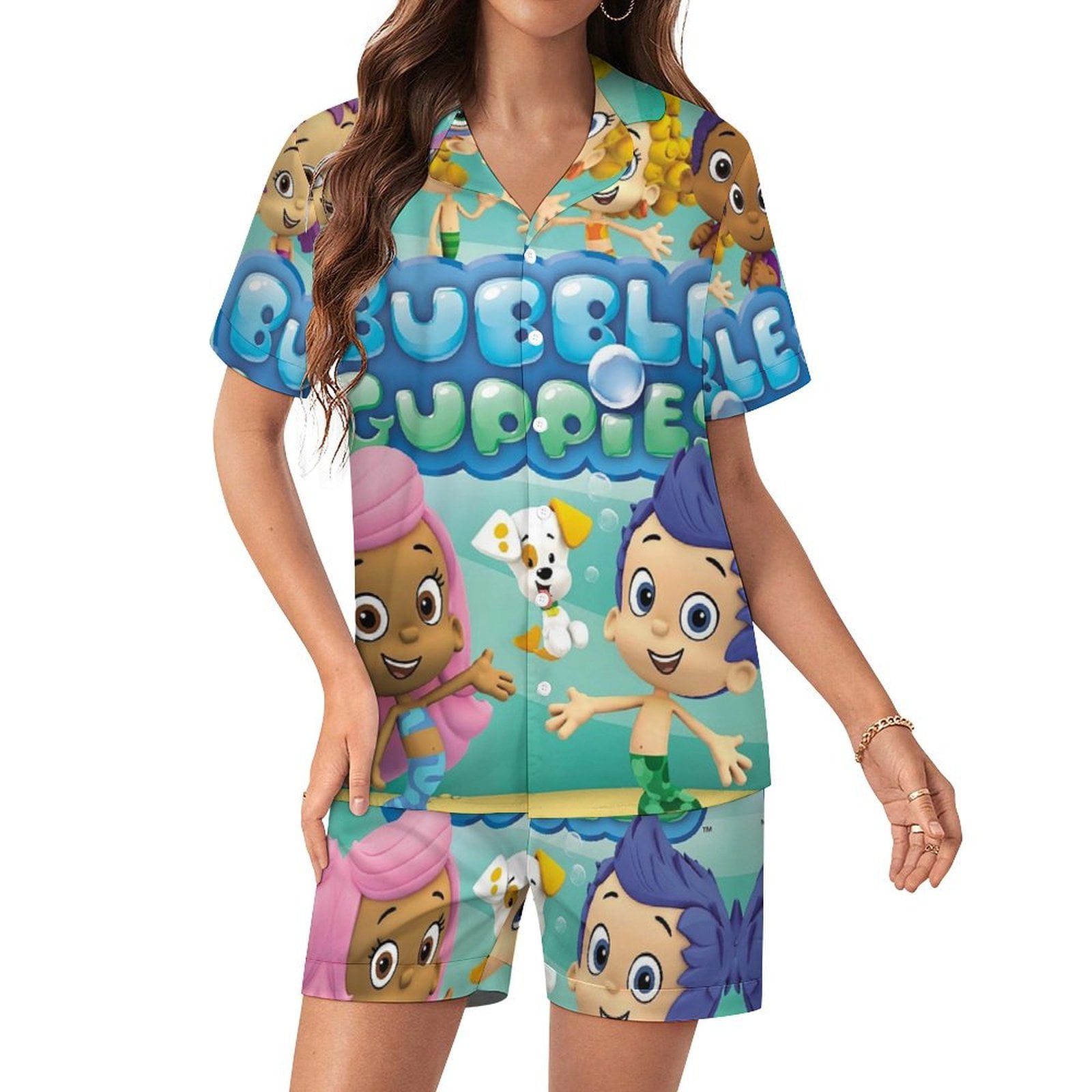 BUBBLE GUPPIES Women Pajamas Set Short Sleeve Sleepwear Button Down ...