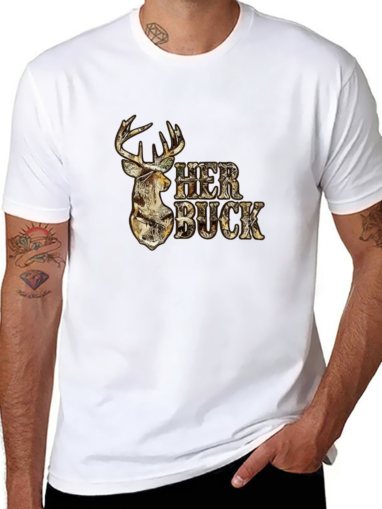 HER BUCK Hunting Graphic T-Shirt for Women - Vintage Camo Deer Design ...