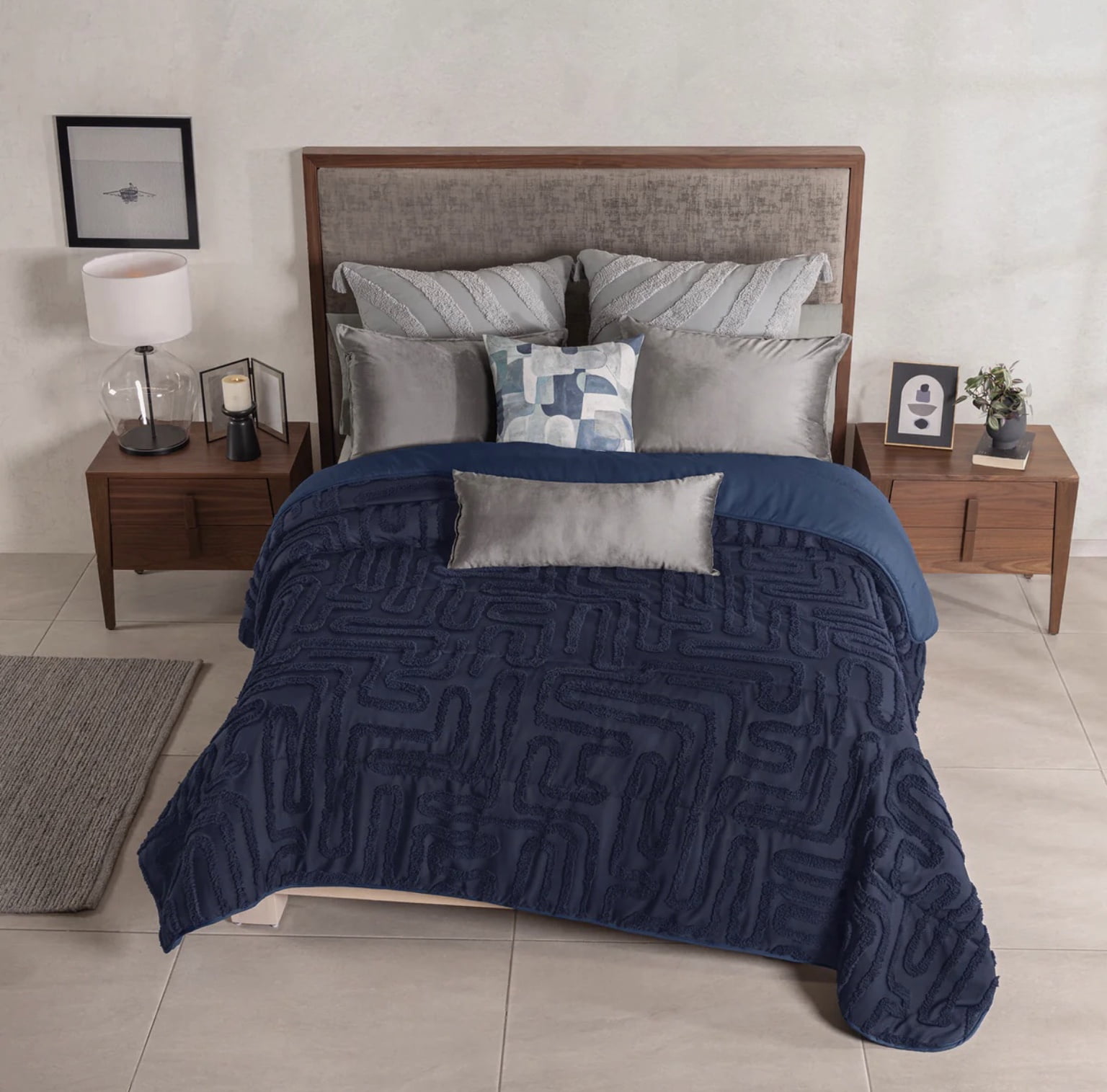 BUDAPEST NAVY BLUE COLOR JACQUARD TEXTURE REVERSIBLE COMFORTER SET 4 ...