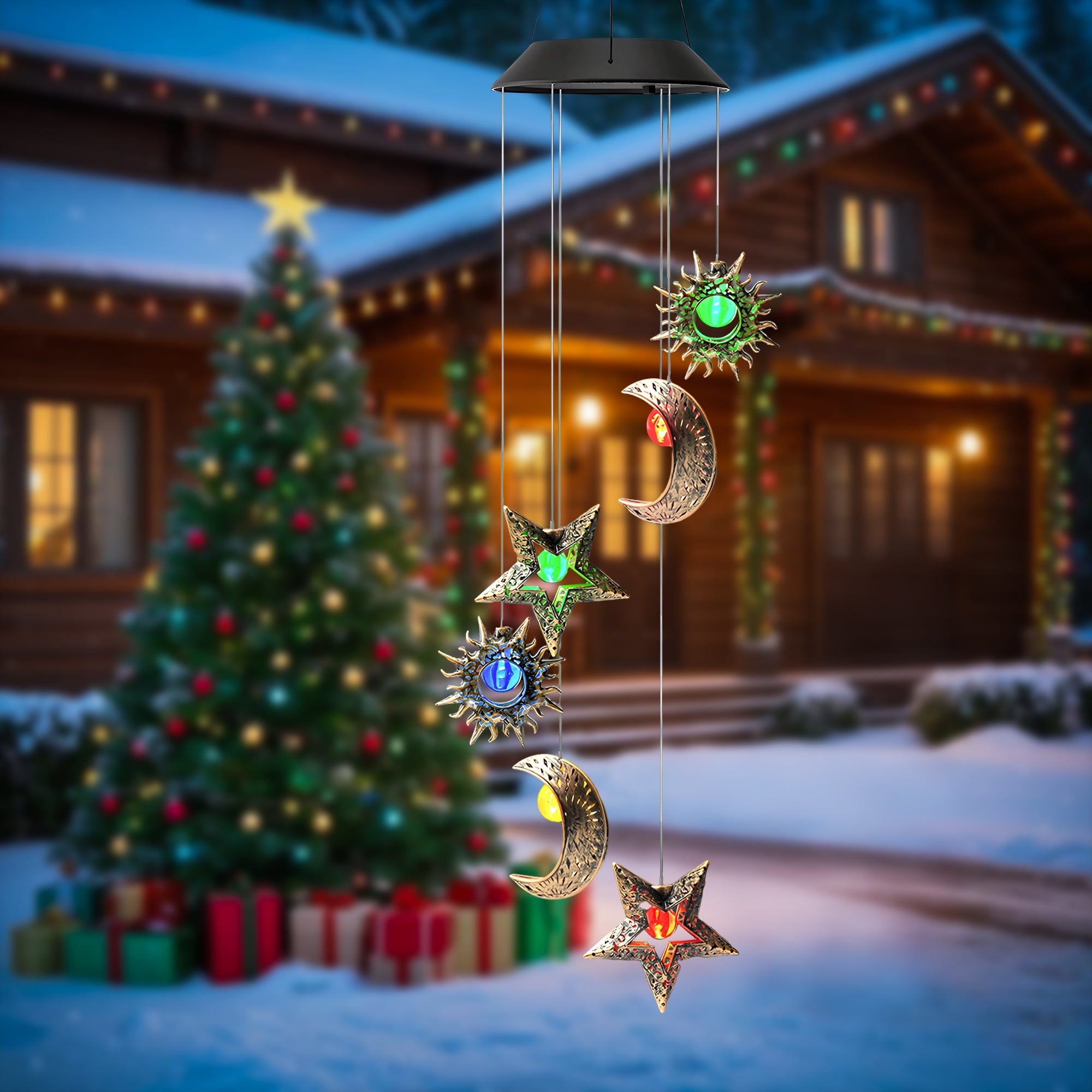 BUGHUT Solar Wind Chimes for Outside,Sun Moon Star,Color Changing LED ...