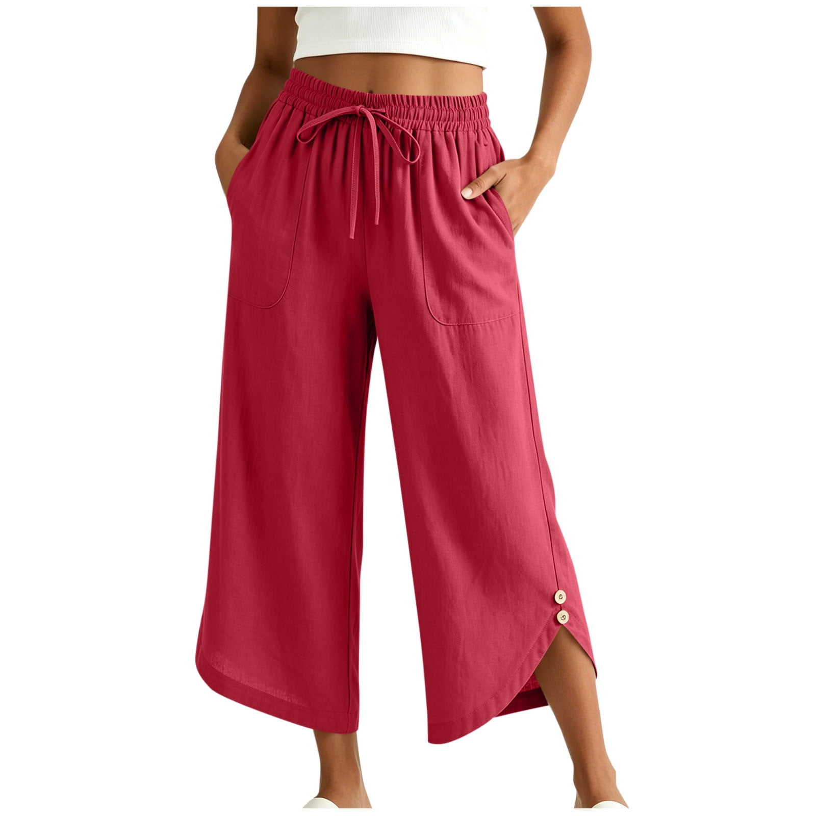 BUIGTTKLOP Capris Pants for Women Cotton Casual Summer Wide Leg ...