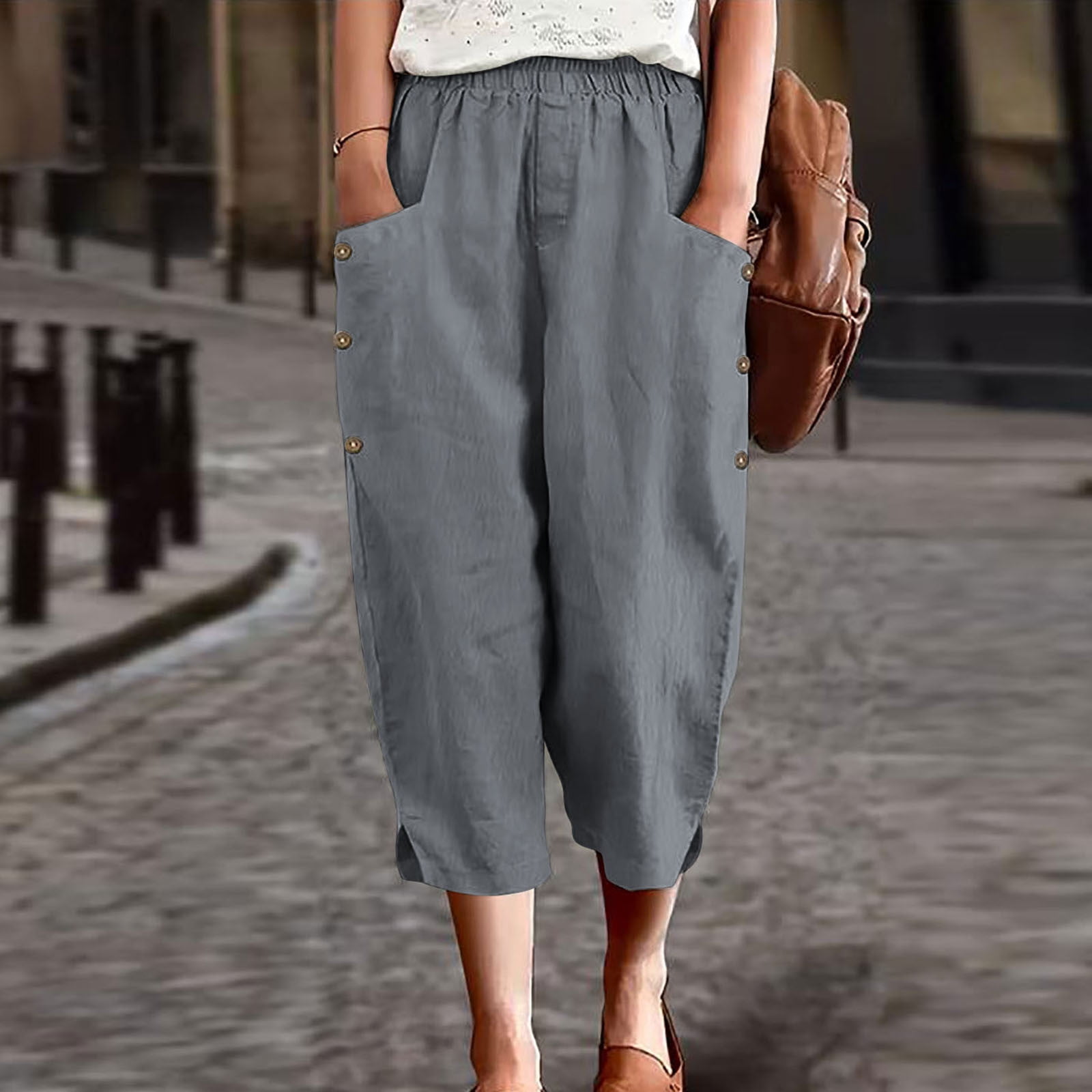 BUIGTTKLOP Cotton Linen Capri Pants for Women High Waisted Cropped ...