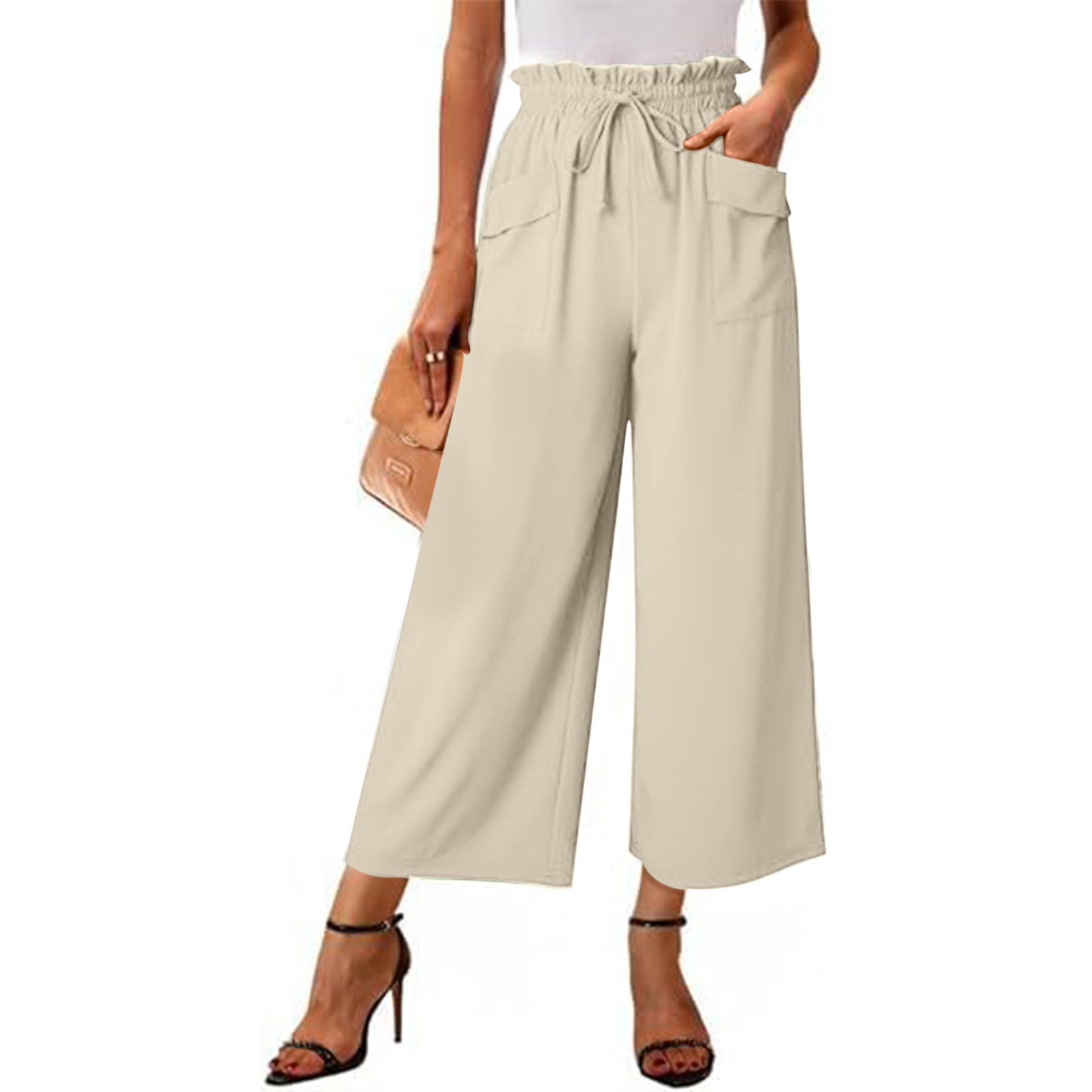 BUIGTTKLOP Cotton Linen Dress Pants for Women Drawstring High Waisted ...