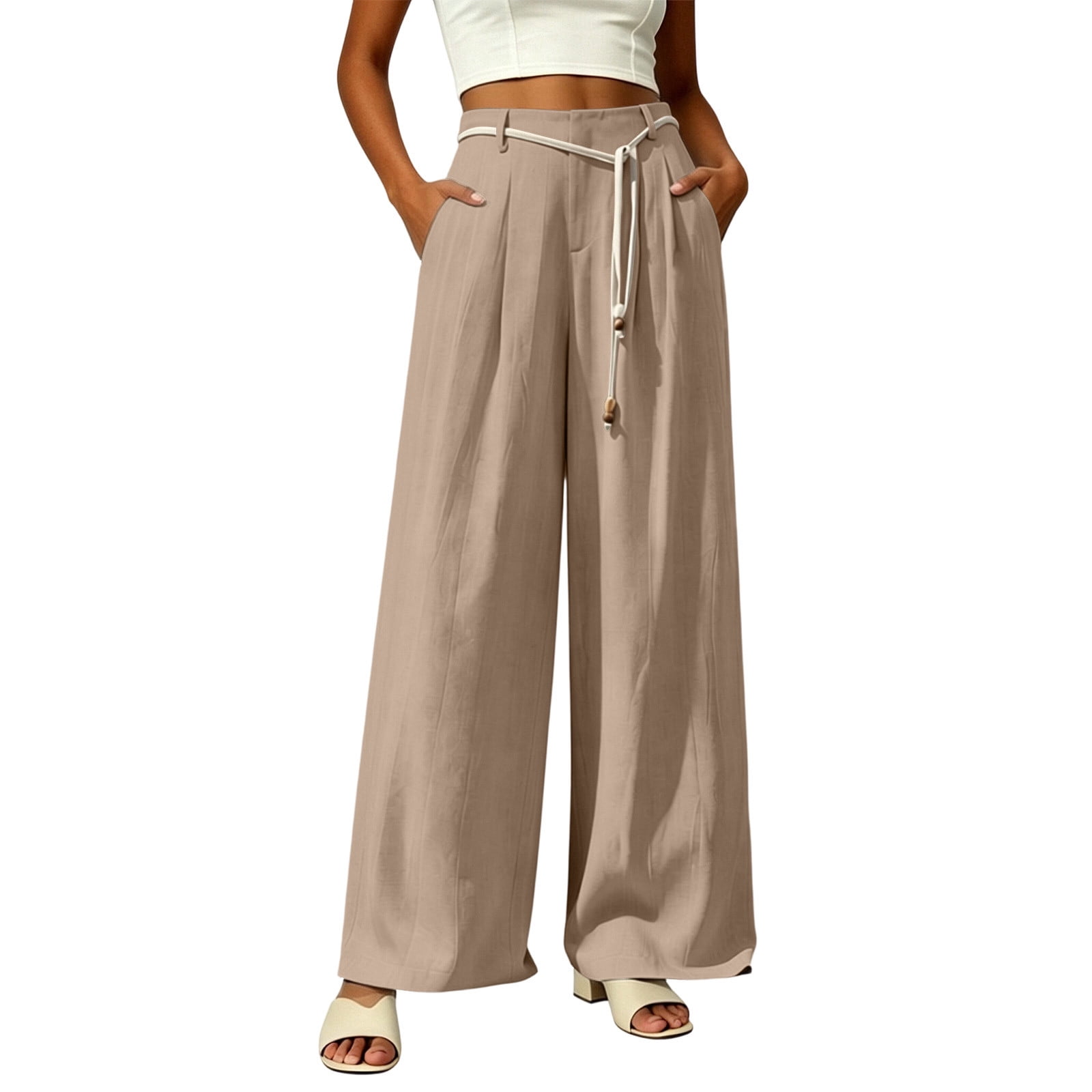 BUIGTTKLOP Cotton Linen Dress Pants for Women High Waisted Buisness ...