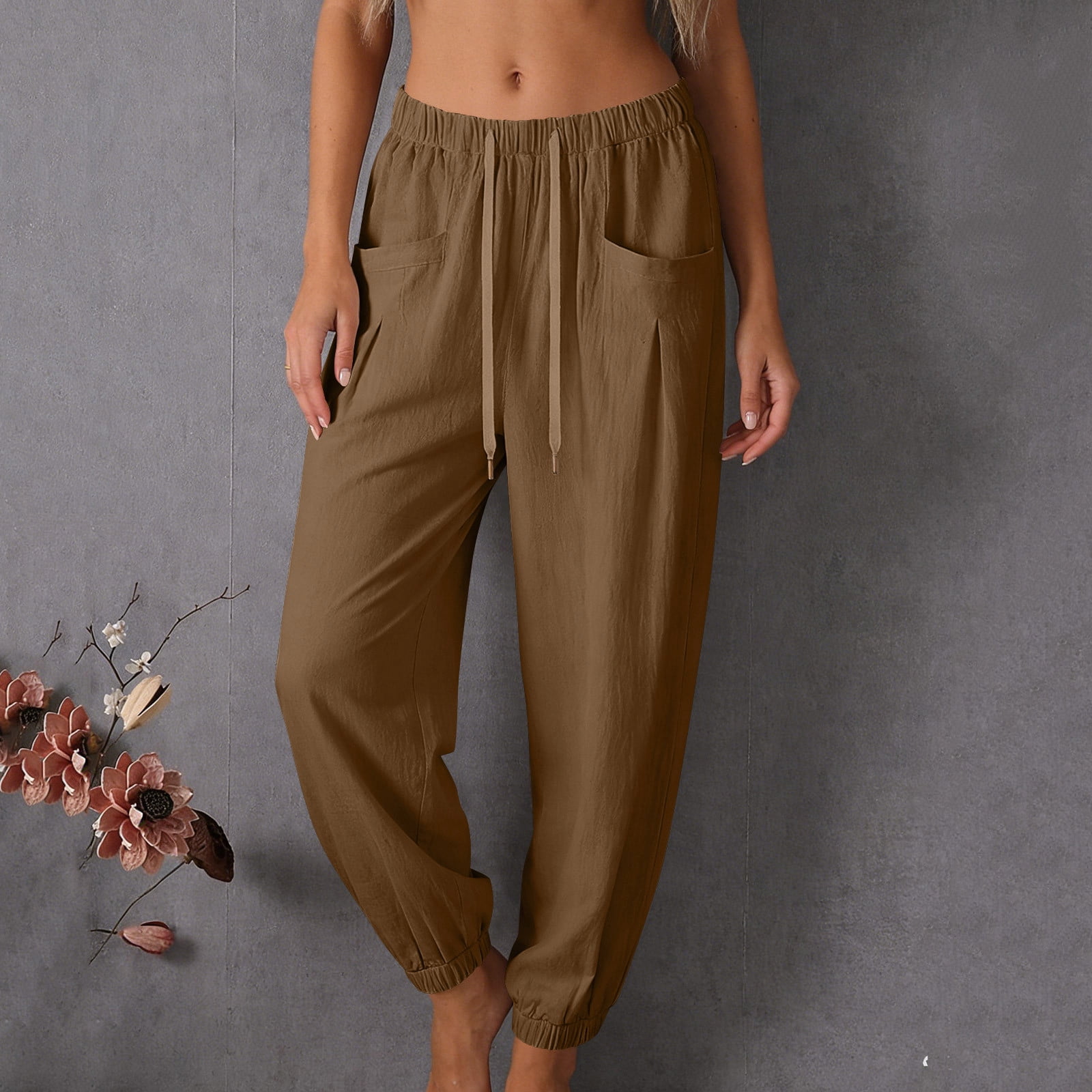 BUIGTTKLOP Cotton Linen Joggers for Women Tapered Leg Summer Casual ...