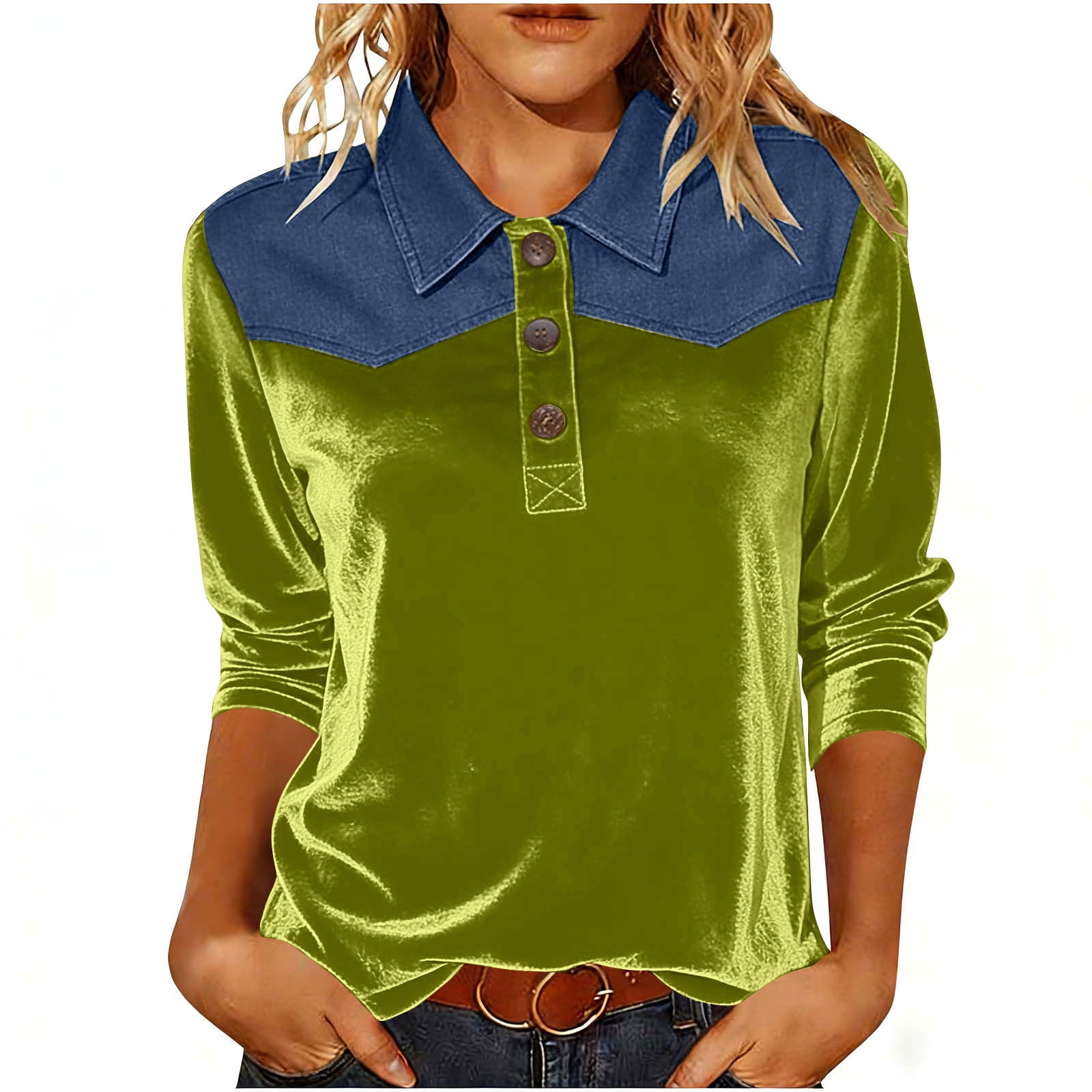 BUIGTTKLOP Denim Patchwork Velour Blouses for Women Dressy Long Sleeve ...
