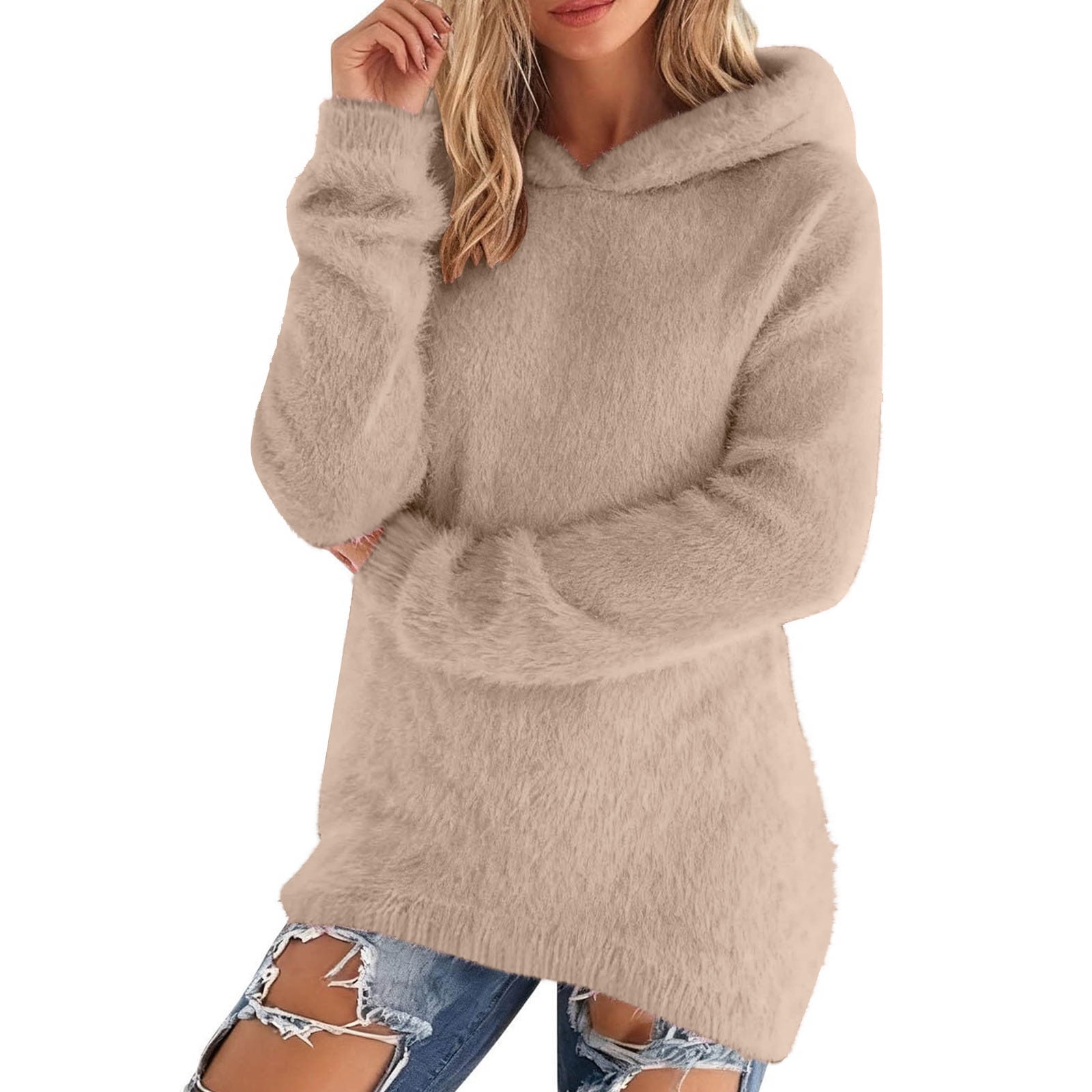 BUIGTTKLOP Fuzzy Fleece Sweaters for Women Long Sleeve Hooded Top Soft ...
