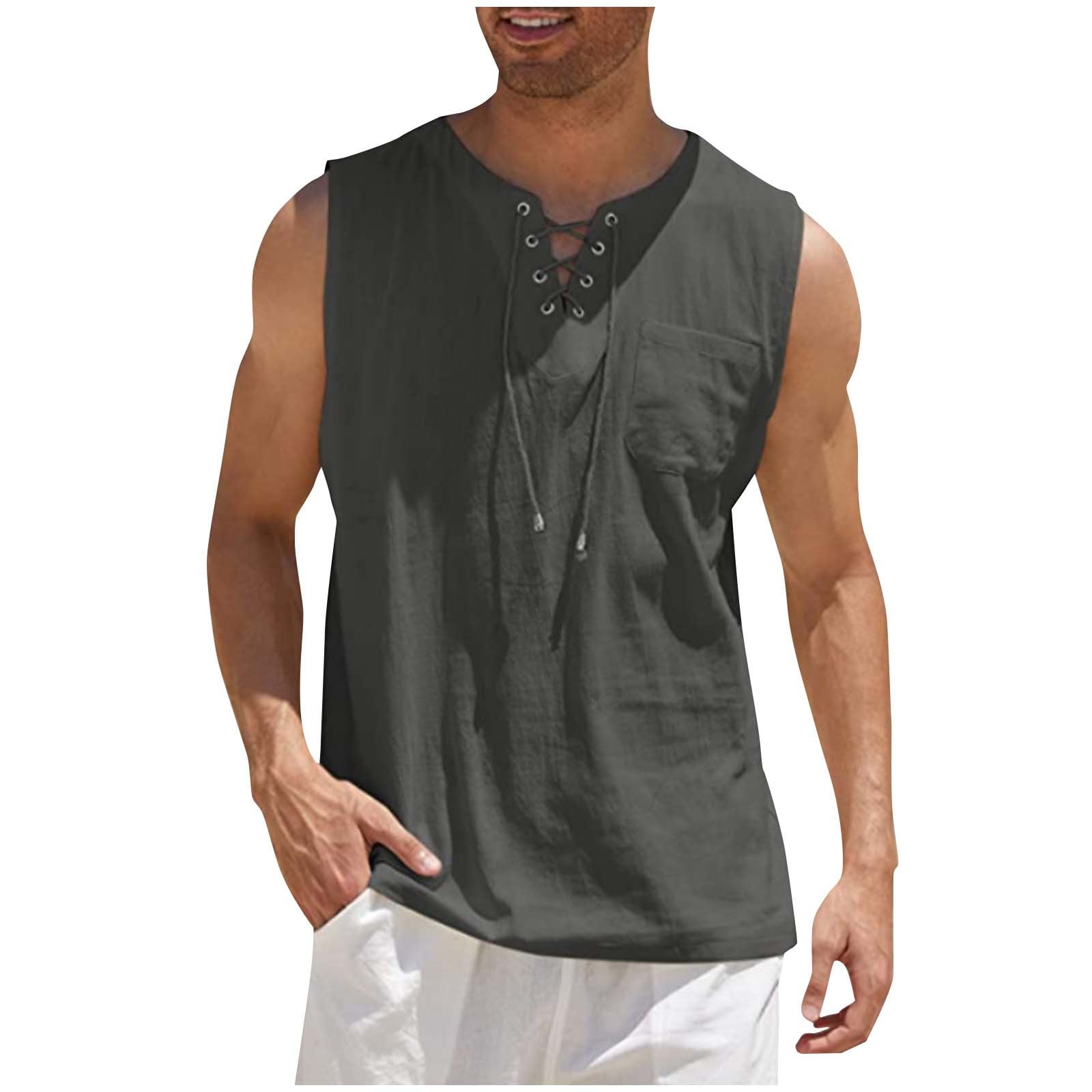 BUIGTTKLOP Men's Cotton Linen Tank Top Shirts Casual Sleeveless Lace up ...