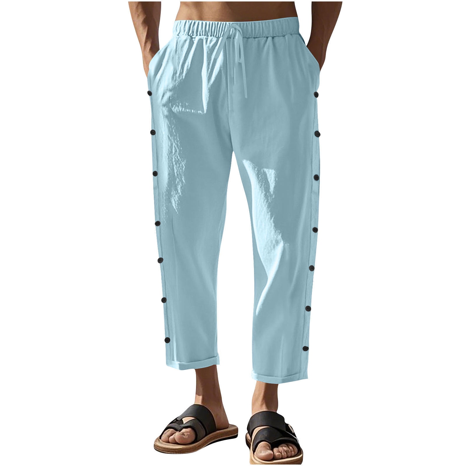 BUIGTTKLOP Mens Casual Pants Striped Side Button Elastic Waist Trendy ...