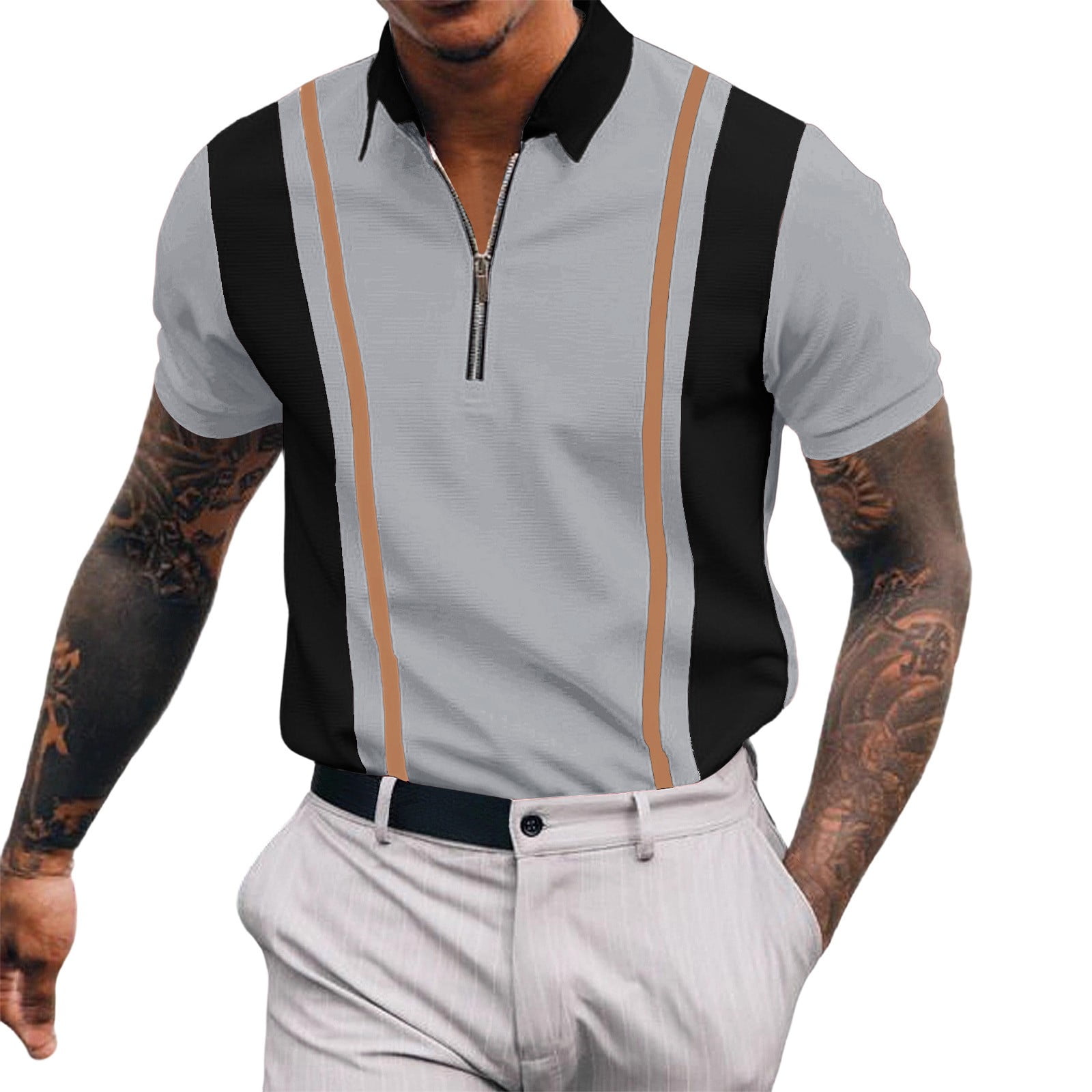 BUIGTTKLOP Mens T Shirts Short Sleeve Zipper Shirts Casual Slim Fitted ...