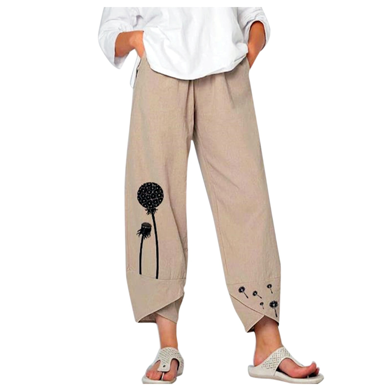 Buigttklop Pants for Women 2024 Lady Casual Flowers Print Elastic ...