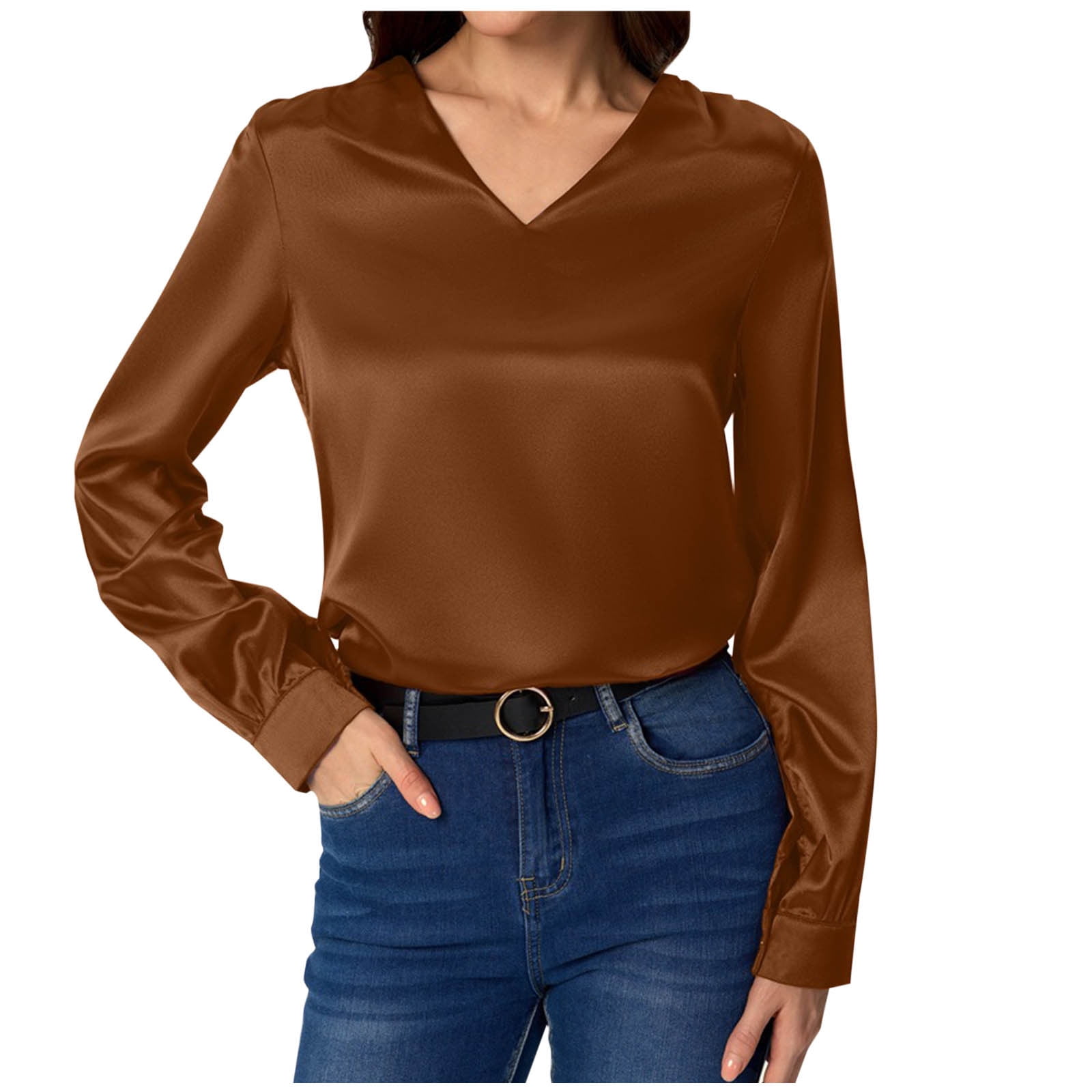 BUIGTTKLOP Satin Tops for Women Dressy Casual Long Sleeve Work Shirts V ...