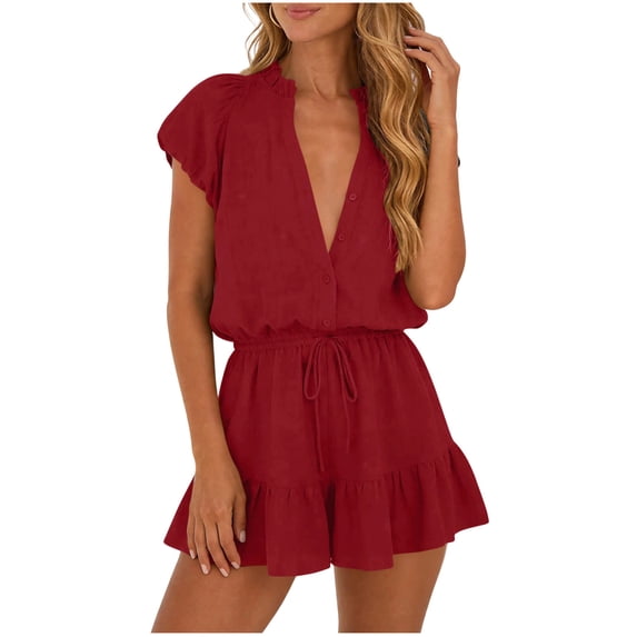 BUIGTTKLOP Summer Rompers for Women 2026 V Neck Short Sleeve Button Up ...