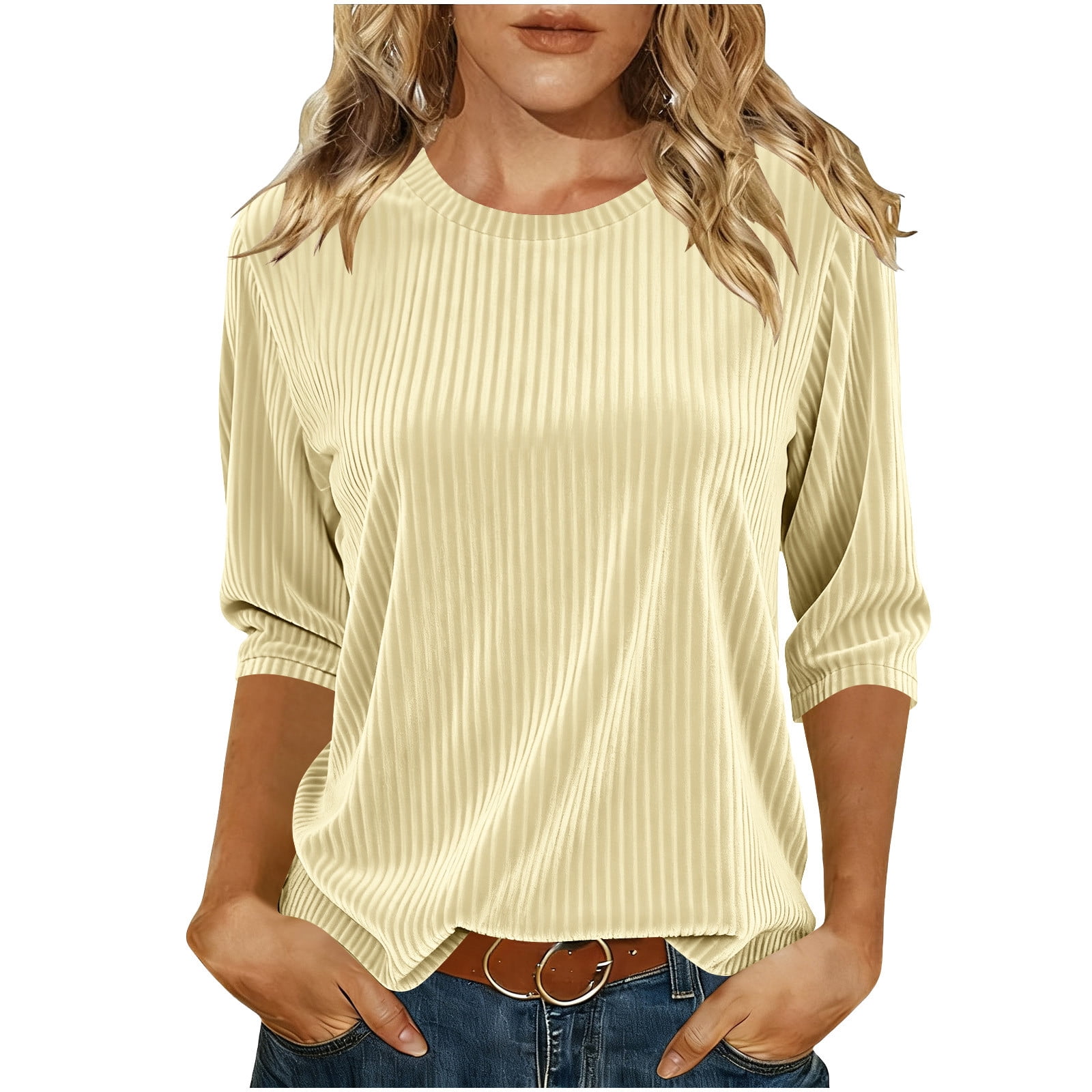 BUIGTTKLOP Velour Tops for Women 3/4 Length Sleeve Shirts Round Neck ...