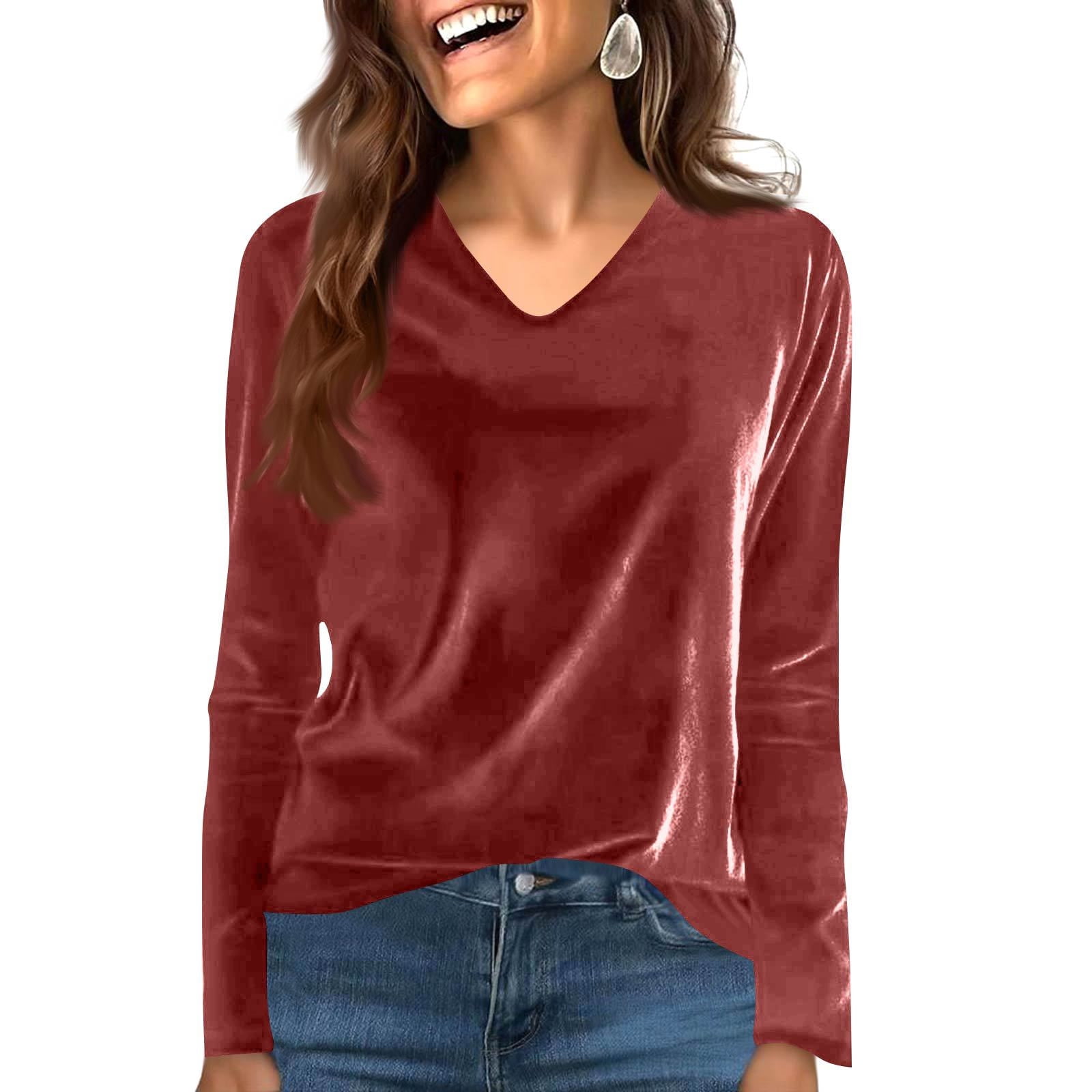 BUIGTTKLOP Velour Tops for Women Long Sleeve V Neck Shirts Dressy ...