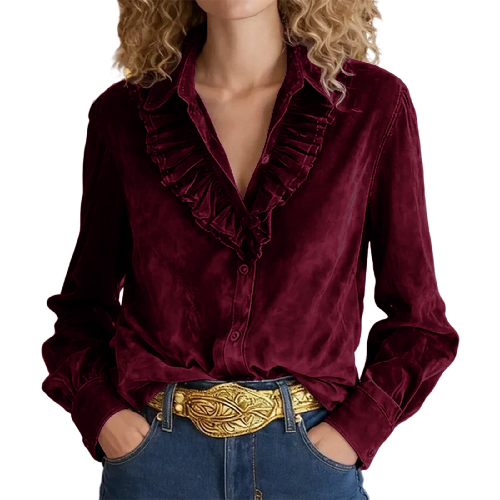 BUIGTTKLOP Velvet Blouse for Women Dressy Button down Long Sleeve ...