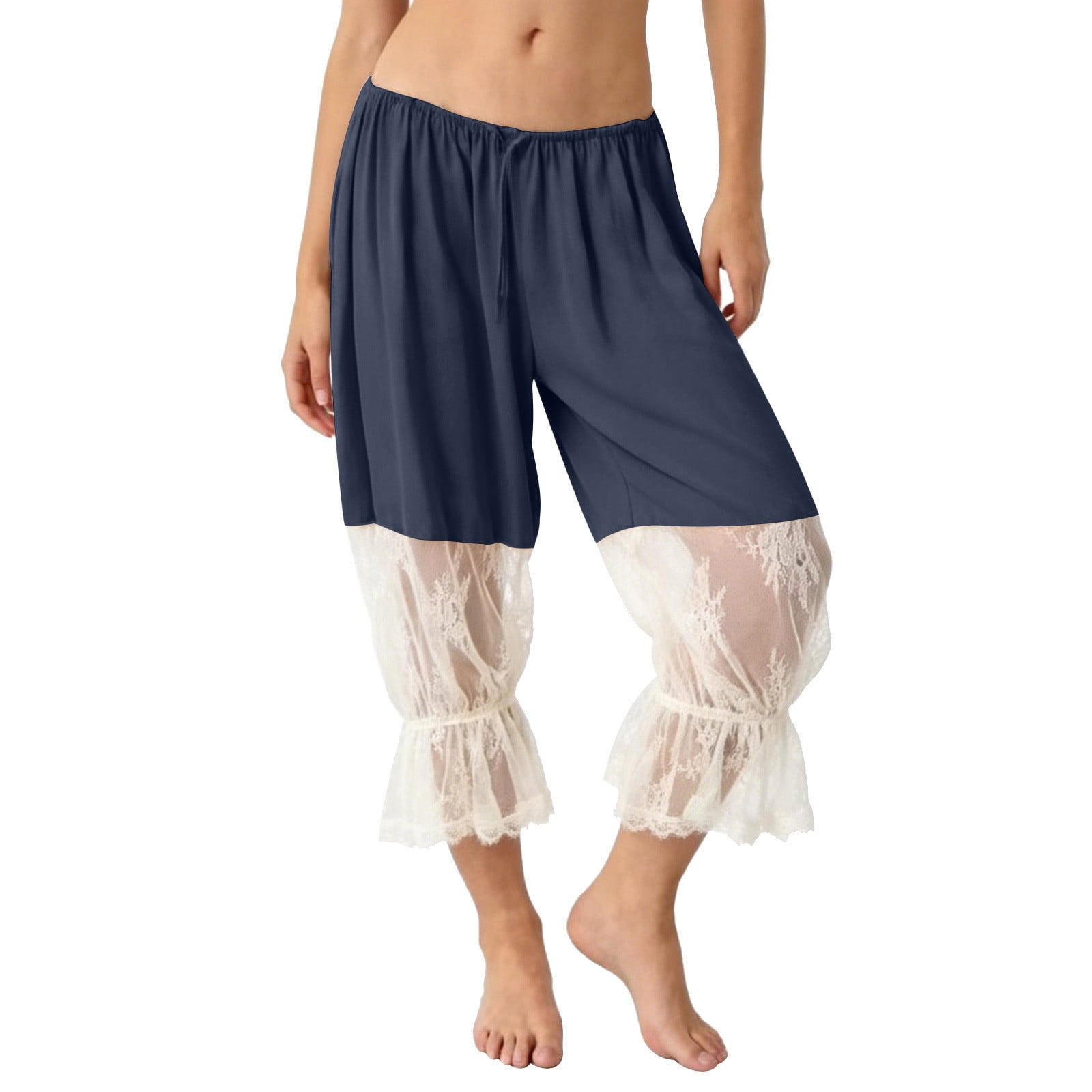 BUIGTTKLOP Women Lace Trim Long Bloomers Elastic Mid Rise Ruffle Pants ...