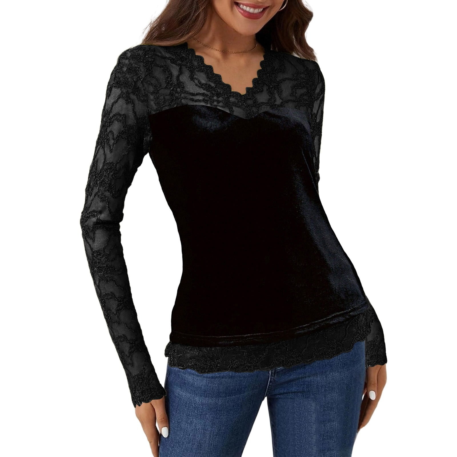 BUIGTTKLOP Women Mesh Long Sleeved Top Lace V Neck Base Layer Patchwork ...