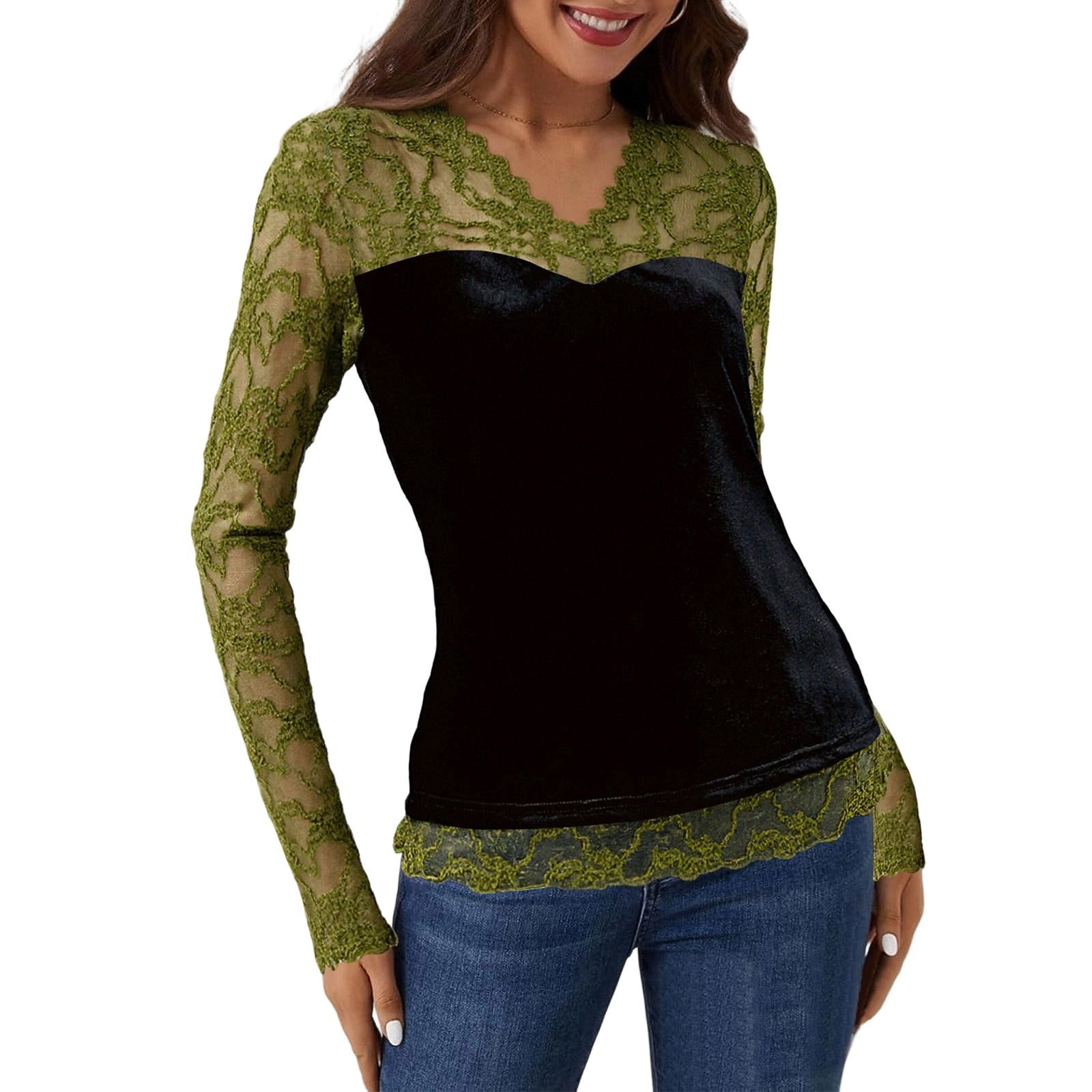 BUIGTTKLOP Women Mesh Long Sleeved Top Lace V Neck Base Layer Patchwork ...