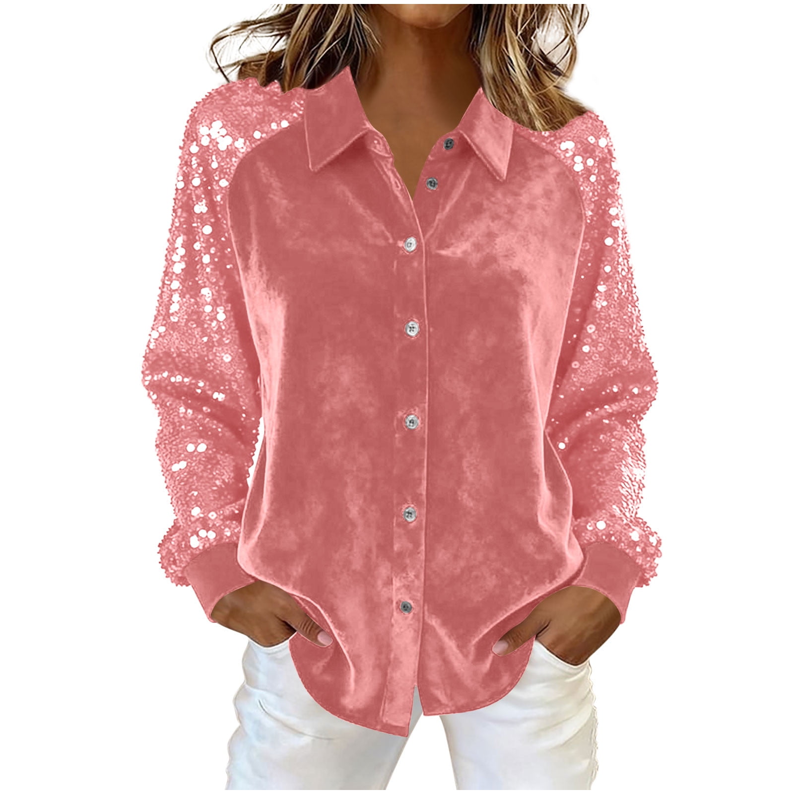 BUIGTTKLOP Women Velvet Sequin Shirt Lapel Button down Glitter Shirts ...