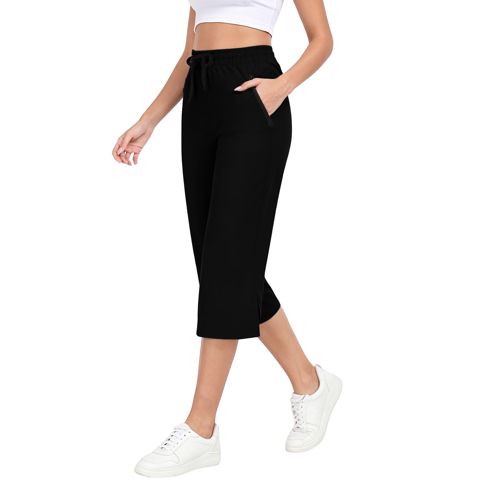 BUIGTTKLOP Women's Capri Pants with 2 Zipper Pockets Lightweight Quick ...