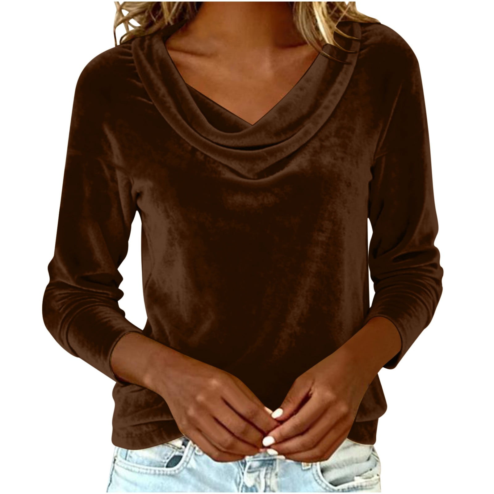BUIGTTKLOP Women's Velour Tops Casual Solid Color Shirt Ruched Front ...