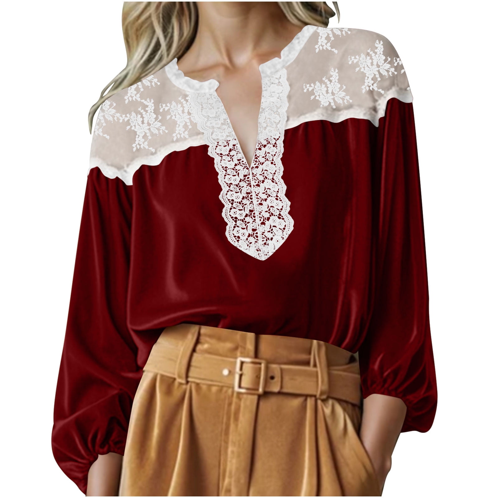 BUIGTTKLOP Women's Velour Tops V Neck T Shirts Lace Mesh Puff Sleeve ...