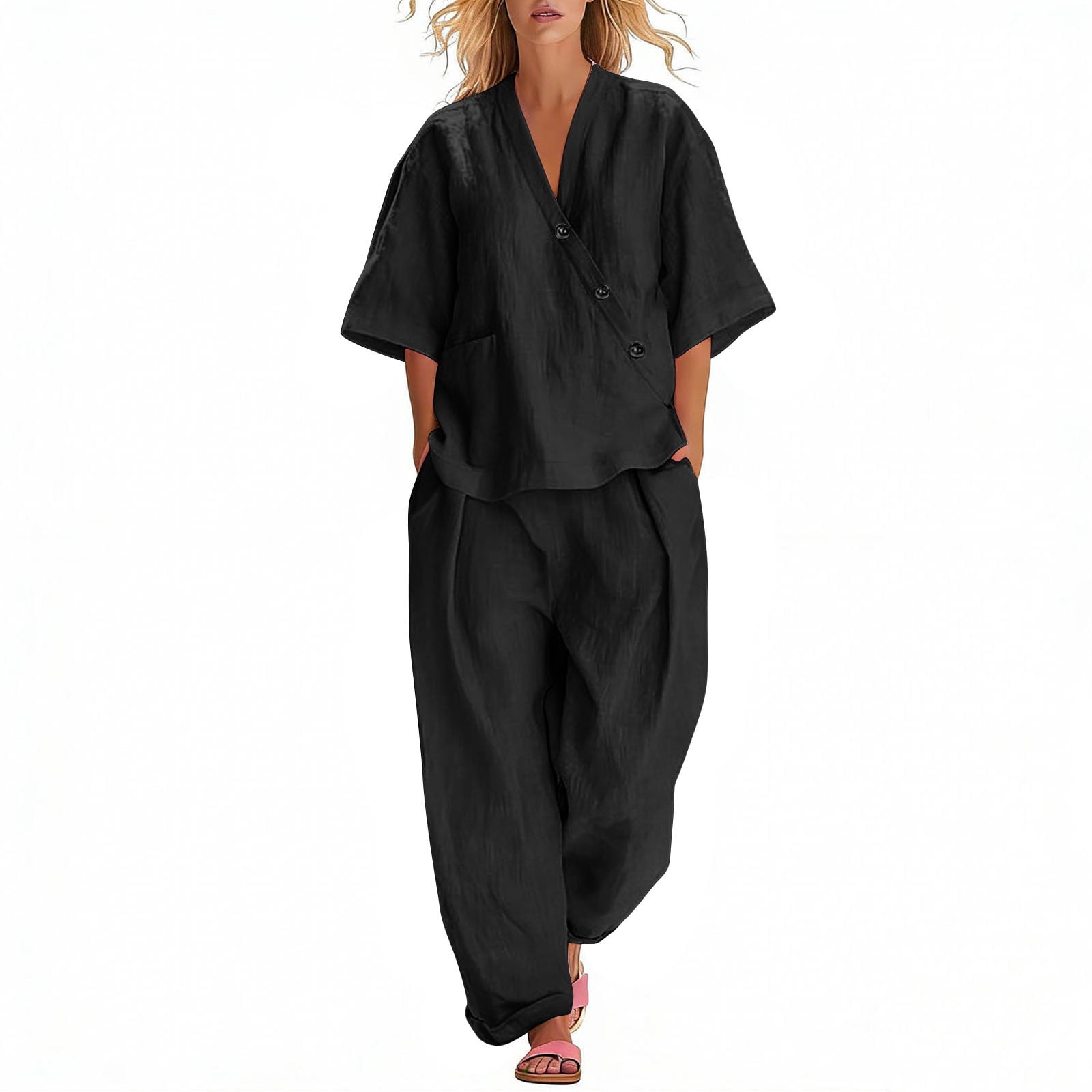 BUIGTTKLOP Womens 2 Piece Cotton Linen Sets V Neck Puff Sleeve Babydoll ...