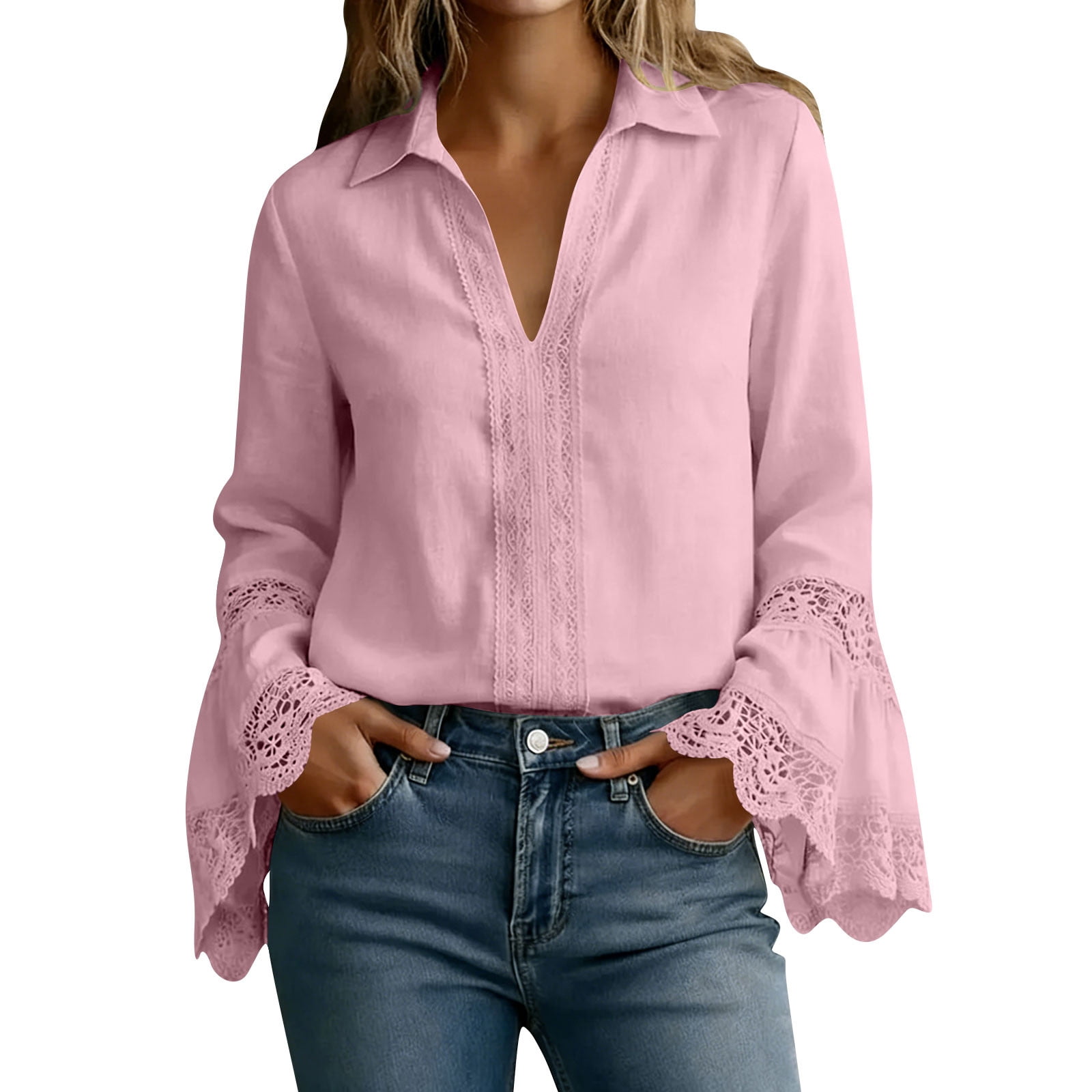 BUIGTTKLOP Womens Blouse Dressy Casual V Neck Long Sleeve Shirts Lace ...