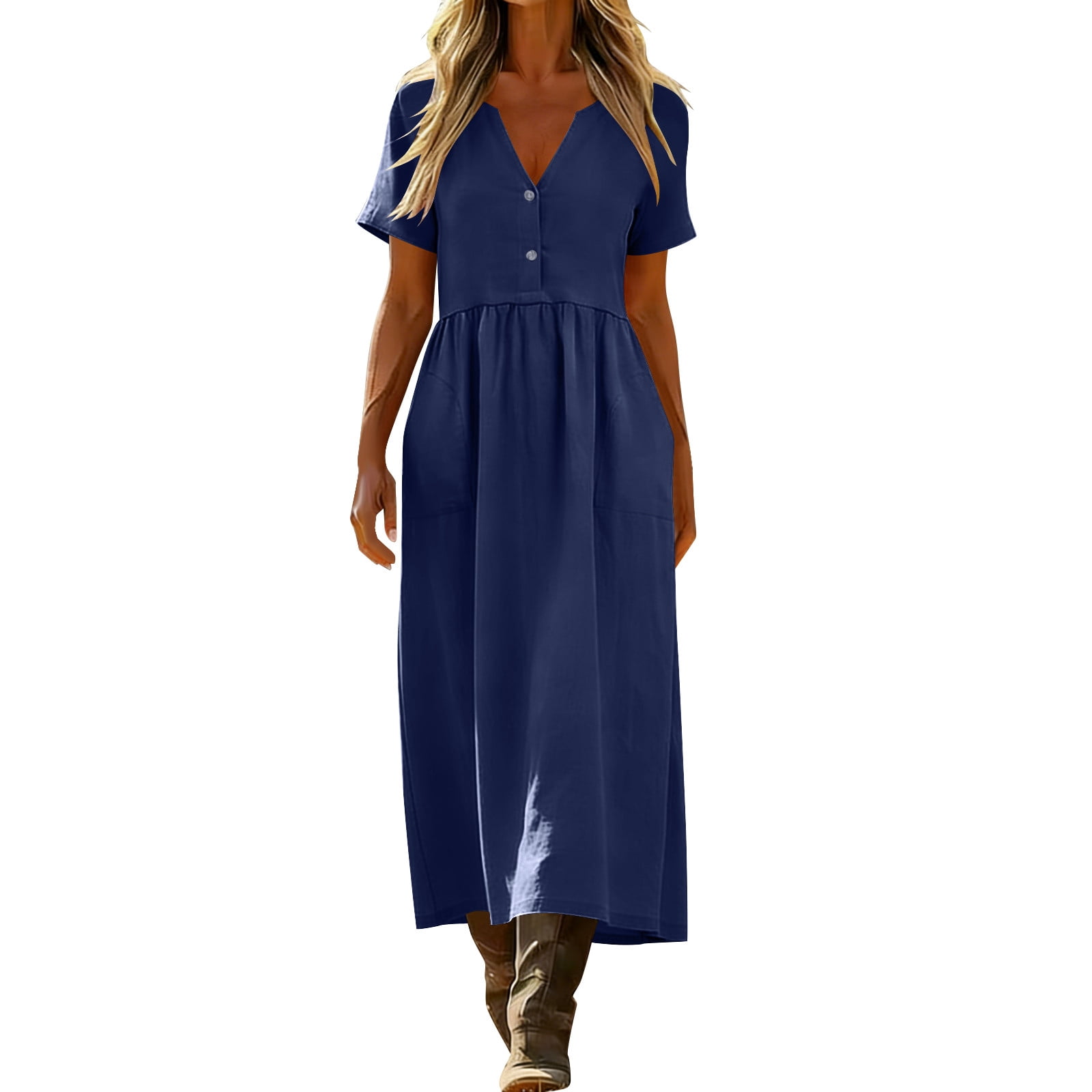 BUIGTTKLOP Womens Cotton Linen Dresses Short Sleeve Long Dress Button ...